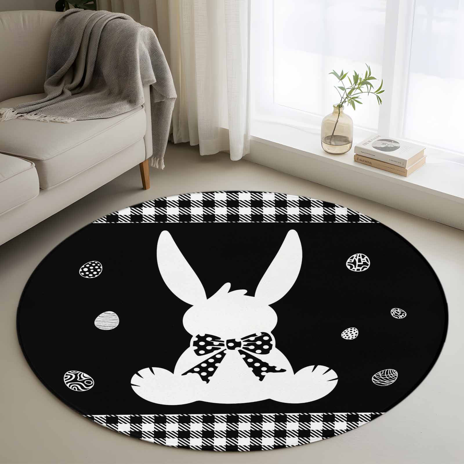 Round Rugs 4Ft, Black Easter Round Area Rug Washable Indoor Throw ...