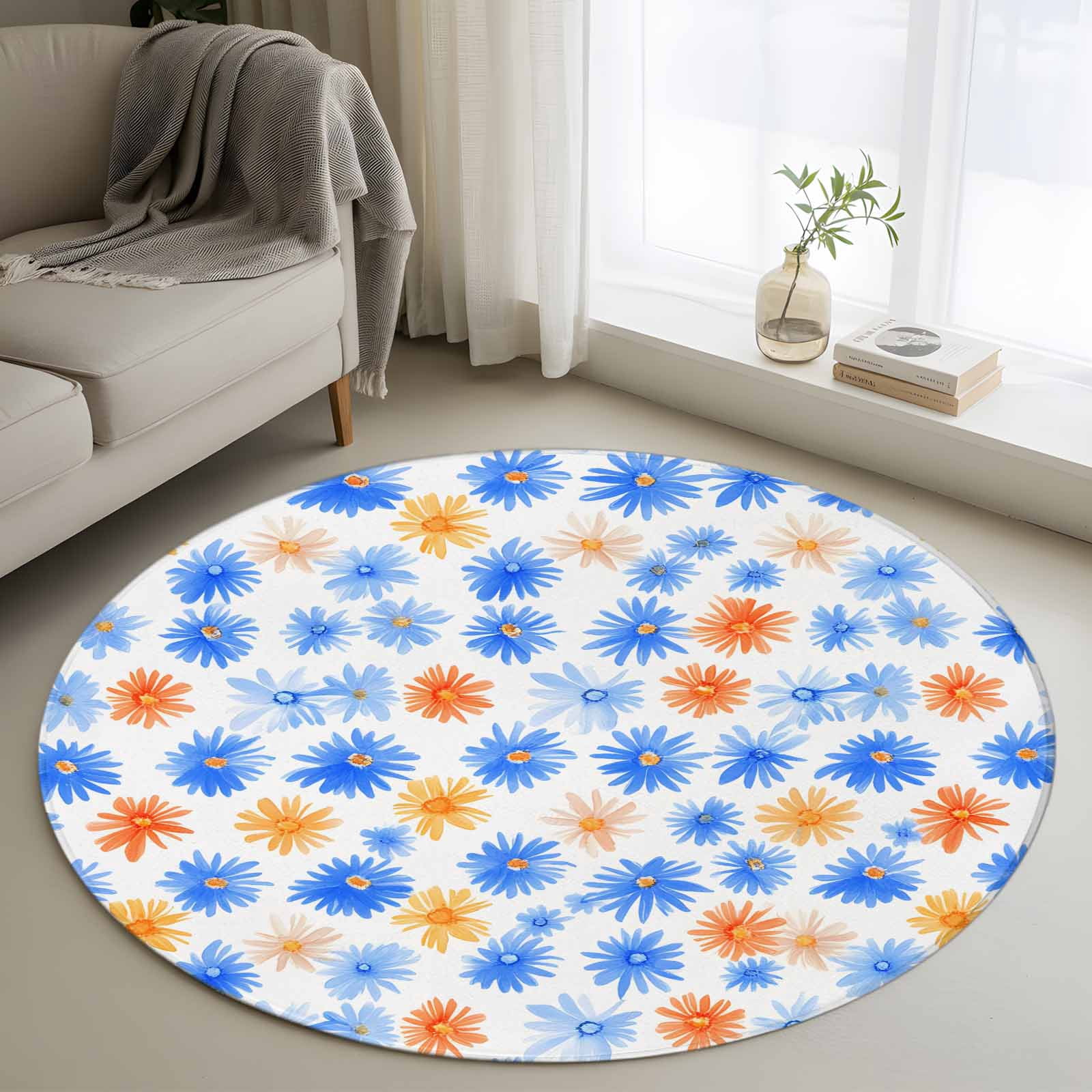 Round Rugs 4Ft, Blue Flower Round Area Rug Washable Indoor Throw Carpet ...