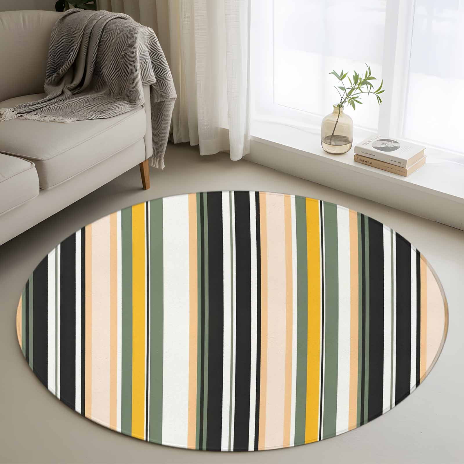 Round Rugs 4Ft, Green Yellow Black Striped Round Area Rug Washable ...