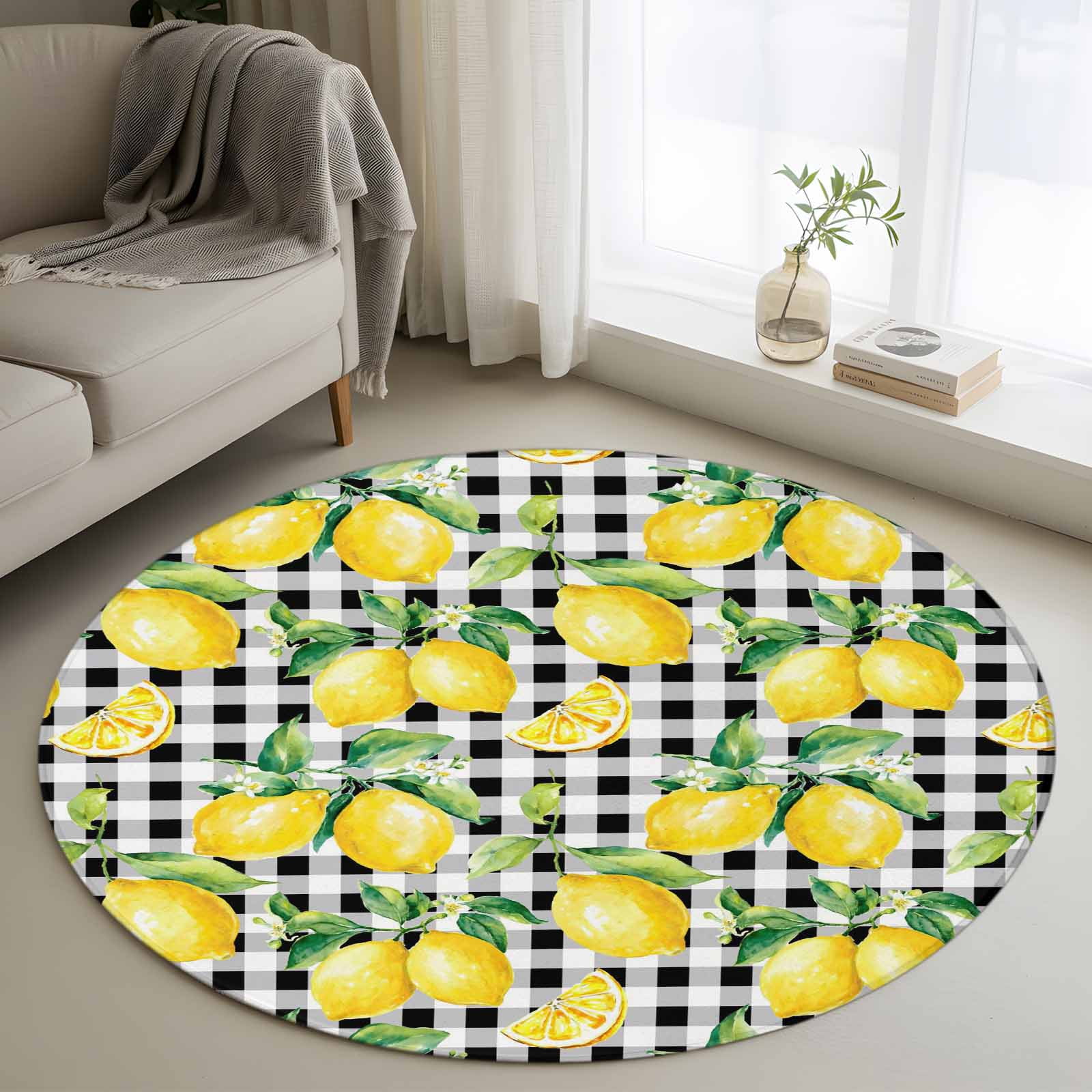 Round Rugs 4Ft, Lemon Yellow Round Area Rug Washable Indoor Throw ...