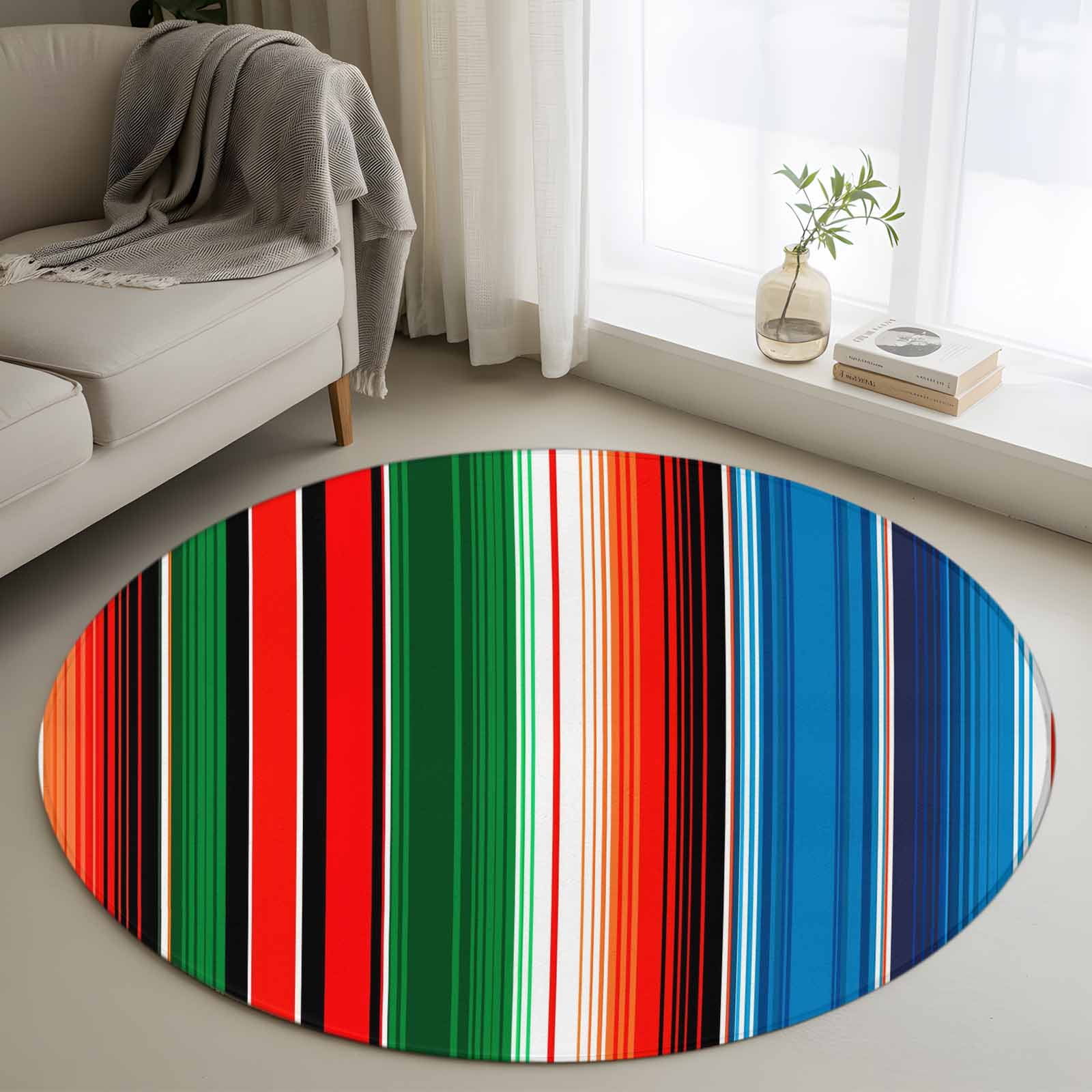 Round Rugs 4Ft, Mexican Serape Round Area Rug Washable Indoor Throw Carpet, Colorful Stripes ...