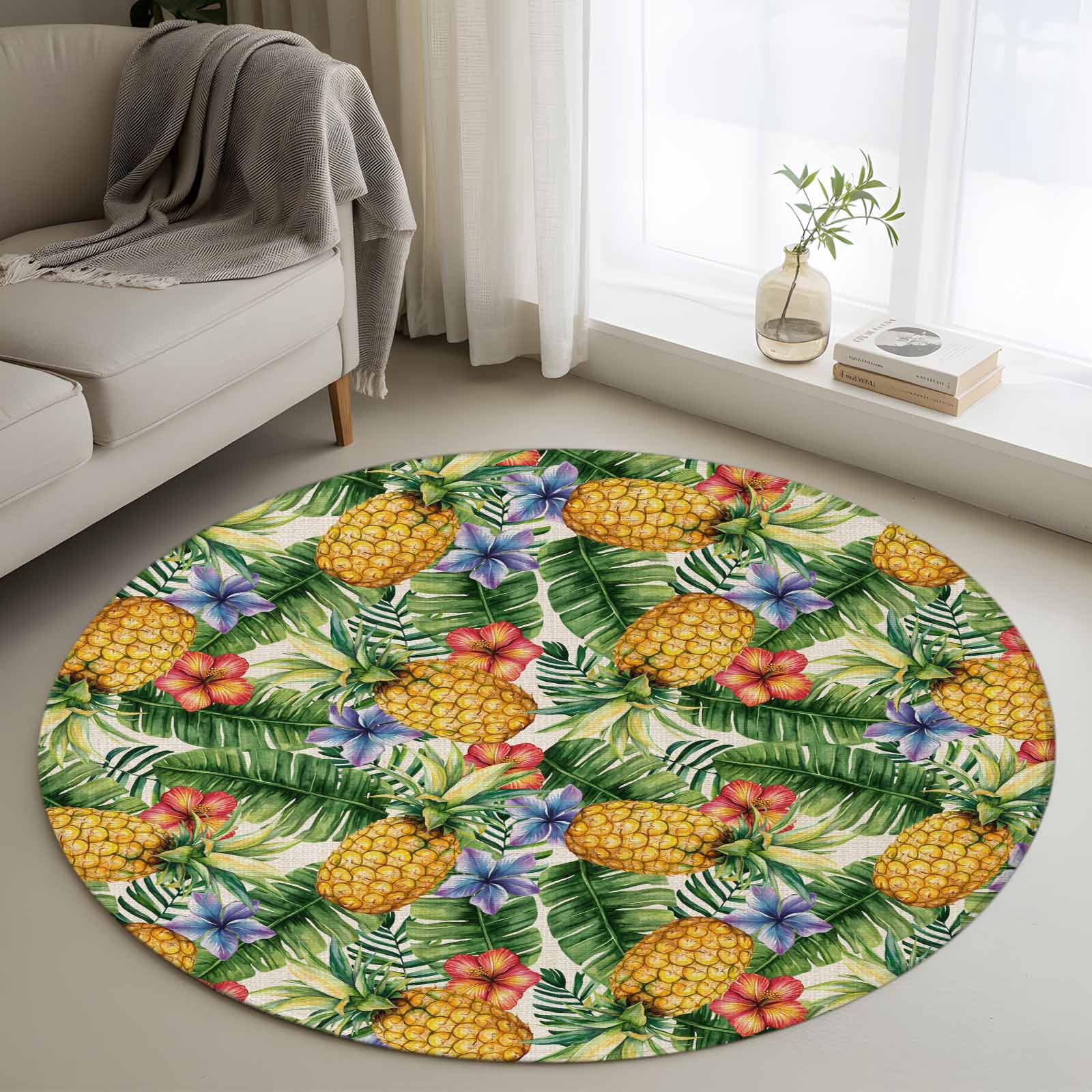 Round Rugs 4Ft, Pineapple Round Area Rug Washable Indoor Throw Carpet ...