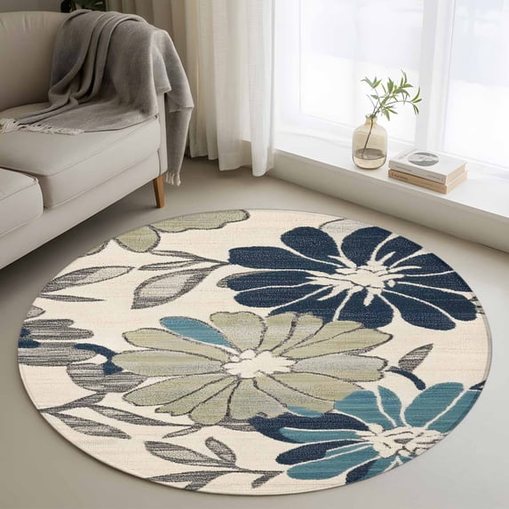 Round Rugs 4Ft, Sage Green Blue Floral Round Area Rug Washable Indoor ...