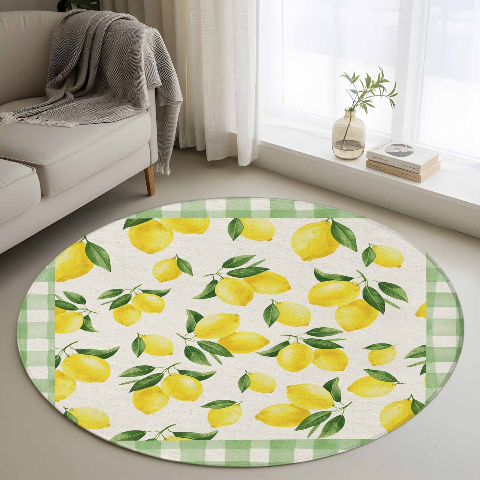 Round Rugs 4Ft, Summer Lemons Round Area Rug Washable Indoor Throw ...