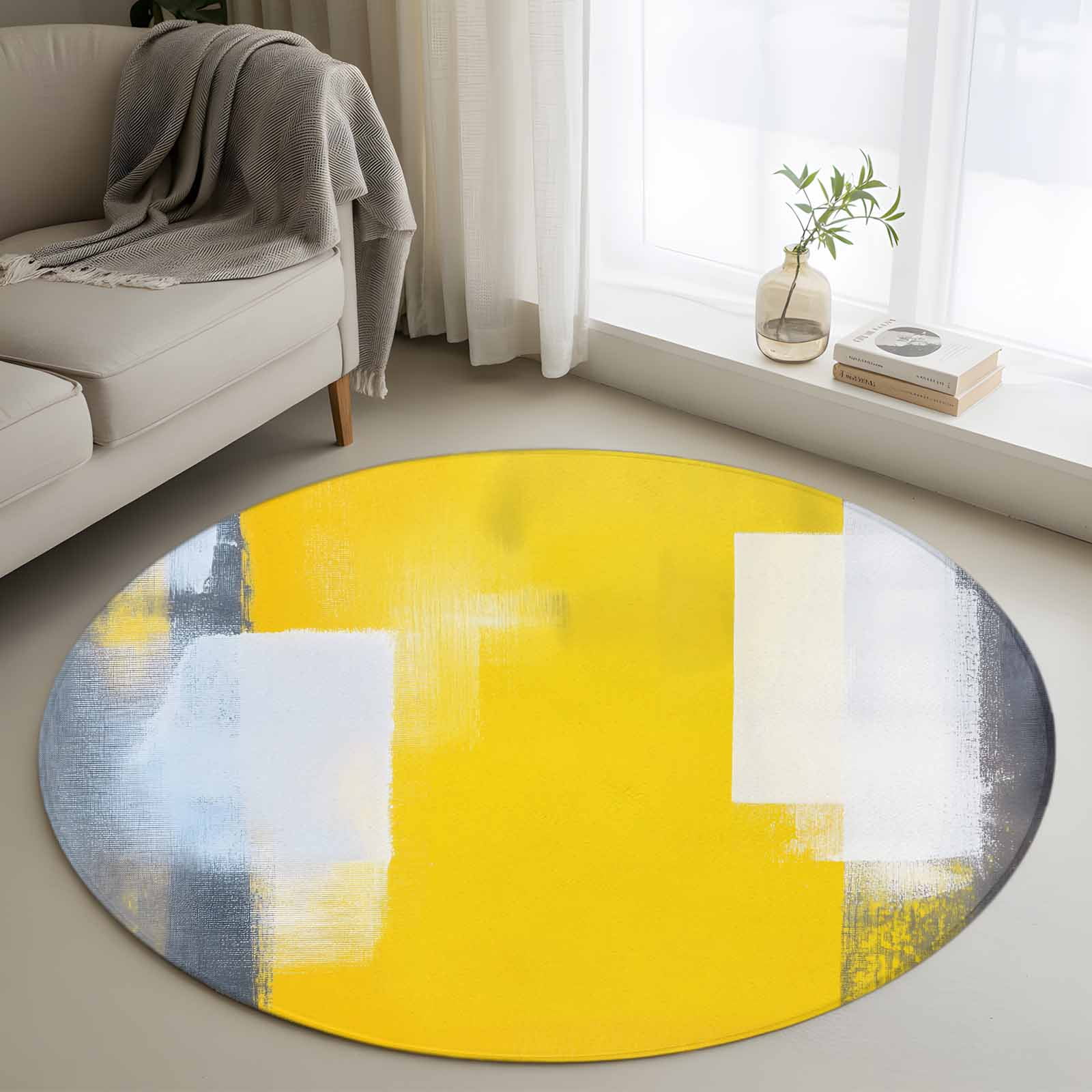 Round Rugs 4Ft, Yellow Grey Round Area Rug Washable Indoor Throw Carpet ...