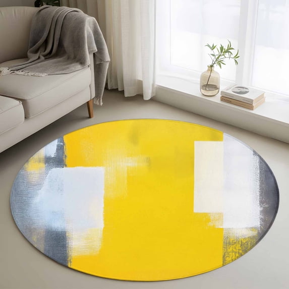 Round Rugs 4Ft, Yellow Grey Round Area Rug Washable Indoor Throw Carpet ...