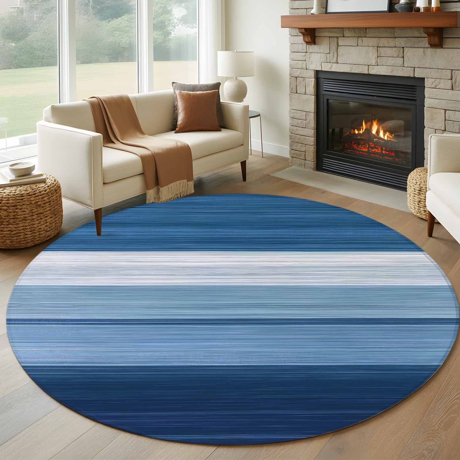 Round Rugs 5 Ft, Blue Ombre Stripe Non Slip Area Rugs for Kitchen ...