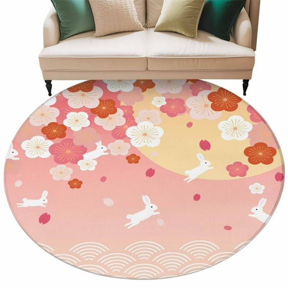 Round Rugs 5 Ft, Cherry Blossom Non Slip Area Rugs for Kitchen Bedroom ...