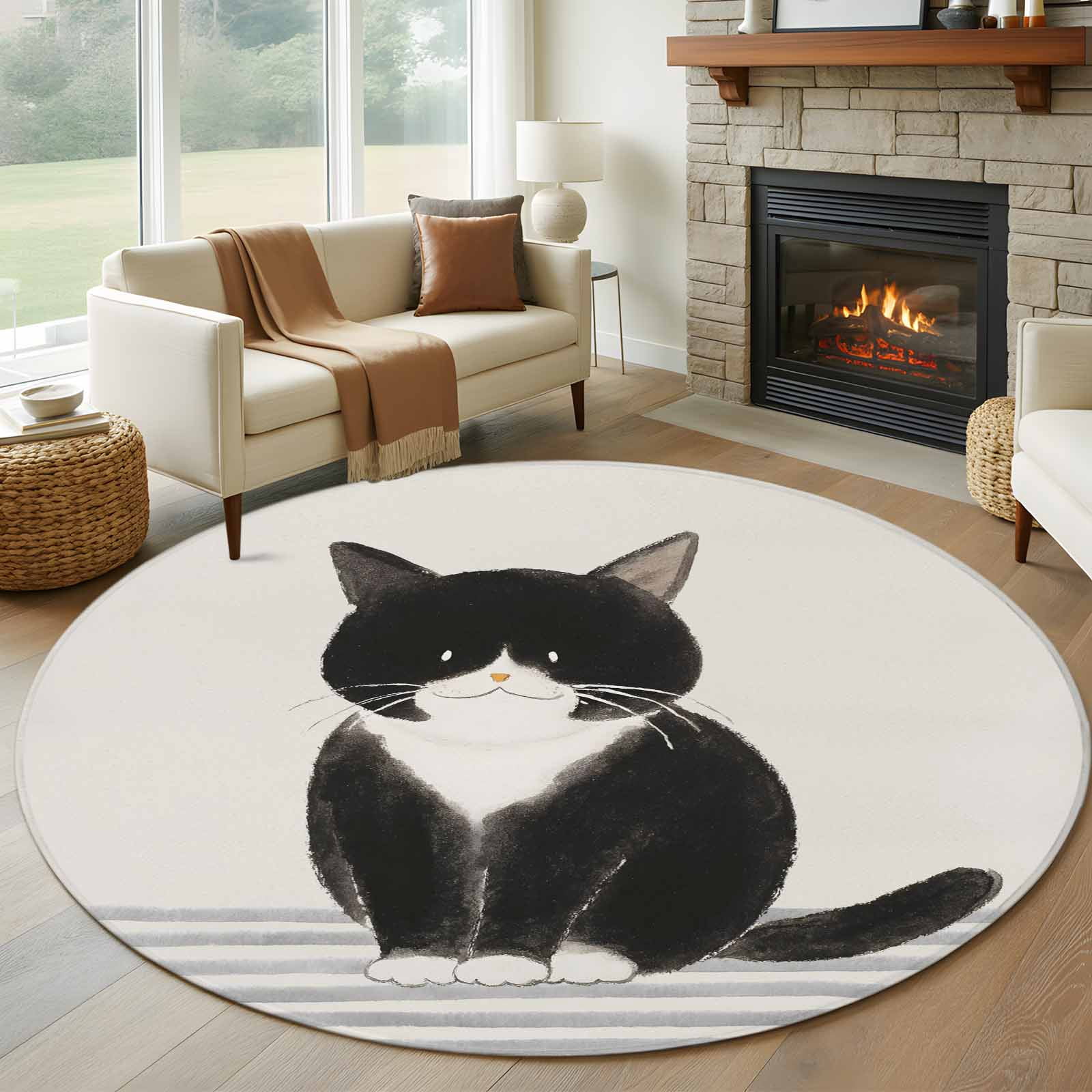 Round Rugs 5 Ft, Cute Cats Non Slip Area Rugs for Kitchen Bedroom ...