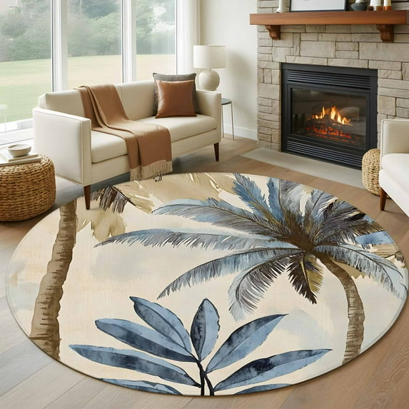 Round Rugs 5 Ft, Navy Blue Palm Trees Non Slip Area Rugs for Kitchen ...