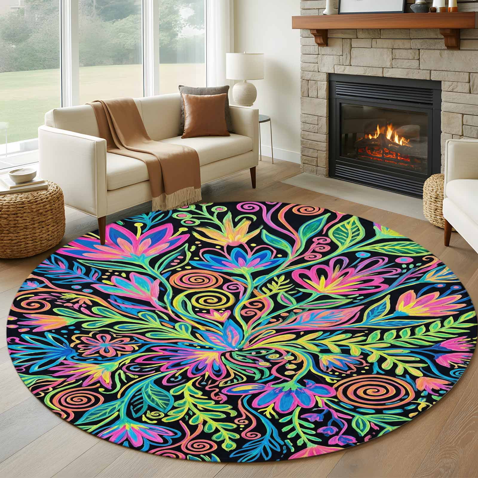 Round Rugs 5Ft, Abstract Flower Round Area Rug Washable Indoor Throw ...