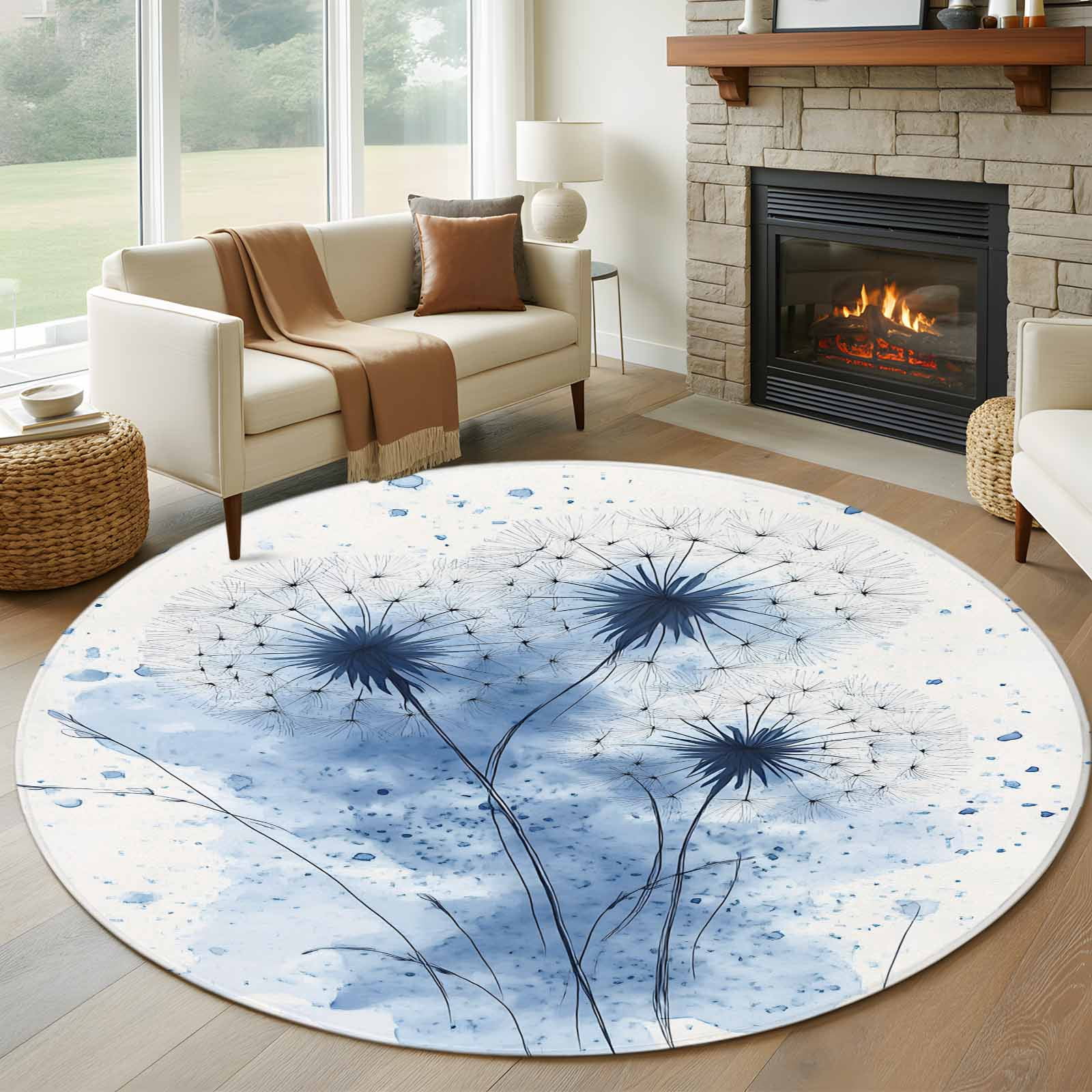 Round Rugs 5Ft, Blue Dandelion Round Area Rug Washable Indoor Throw ...