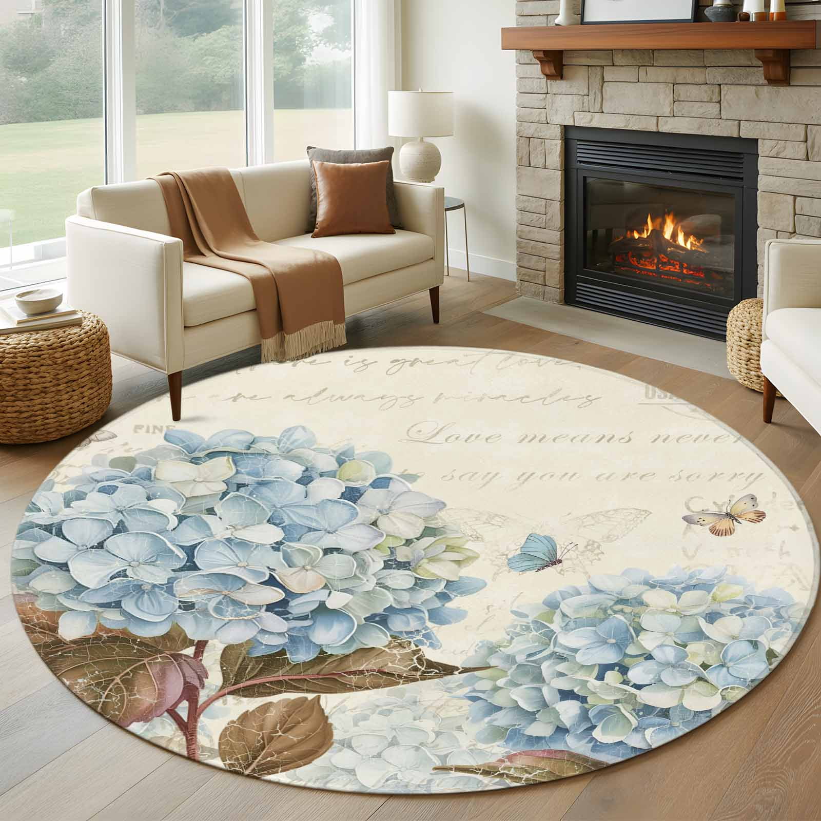 Round Rugs 5Ft, Blue Hydrangea Round Area Rug Washable Indoor Throw ...