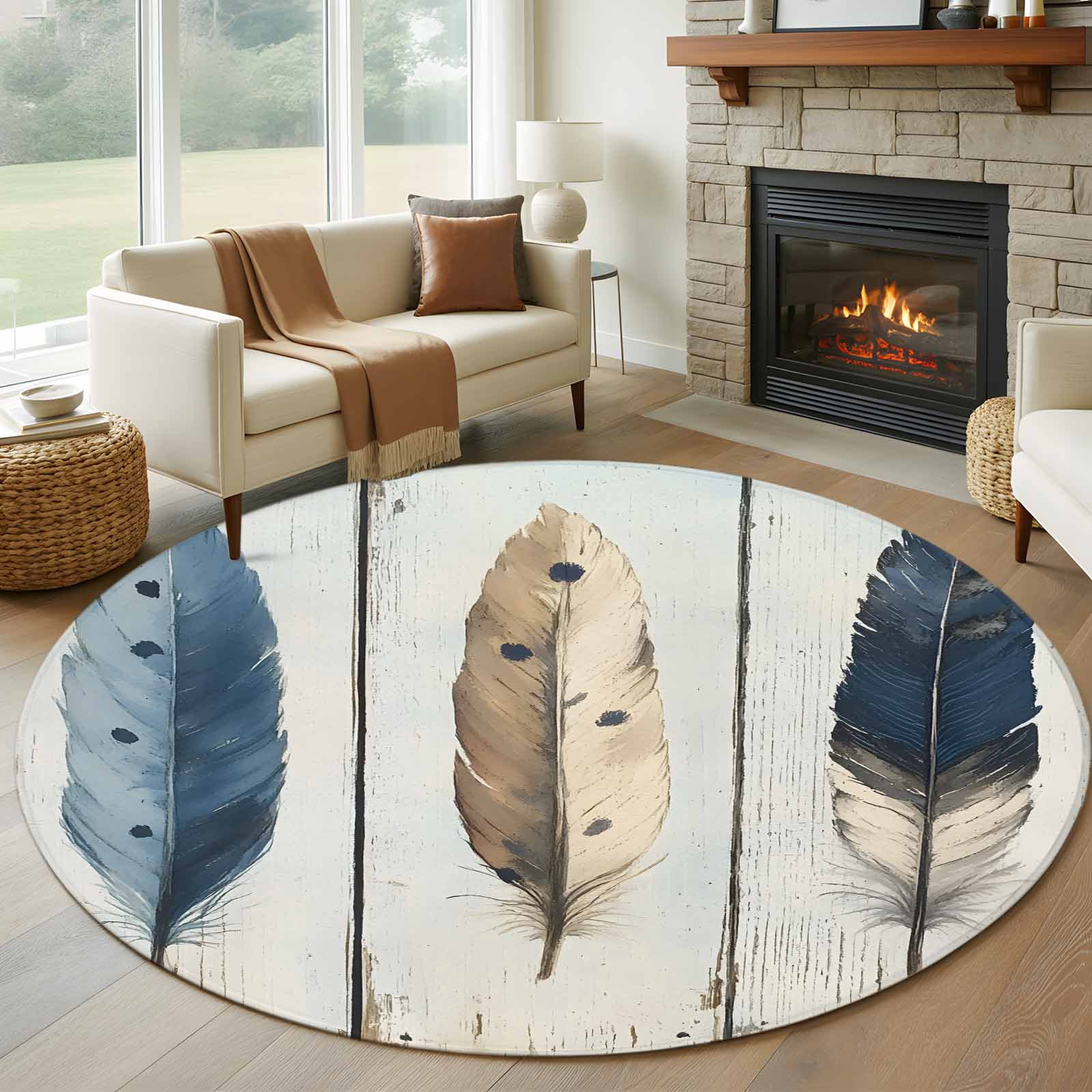 Round Rugs 5Ft, Farmhouse Feather Round Area Rug Washable Indoor Throw ...