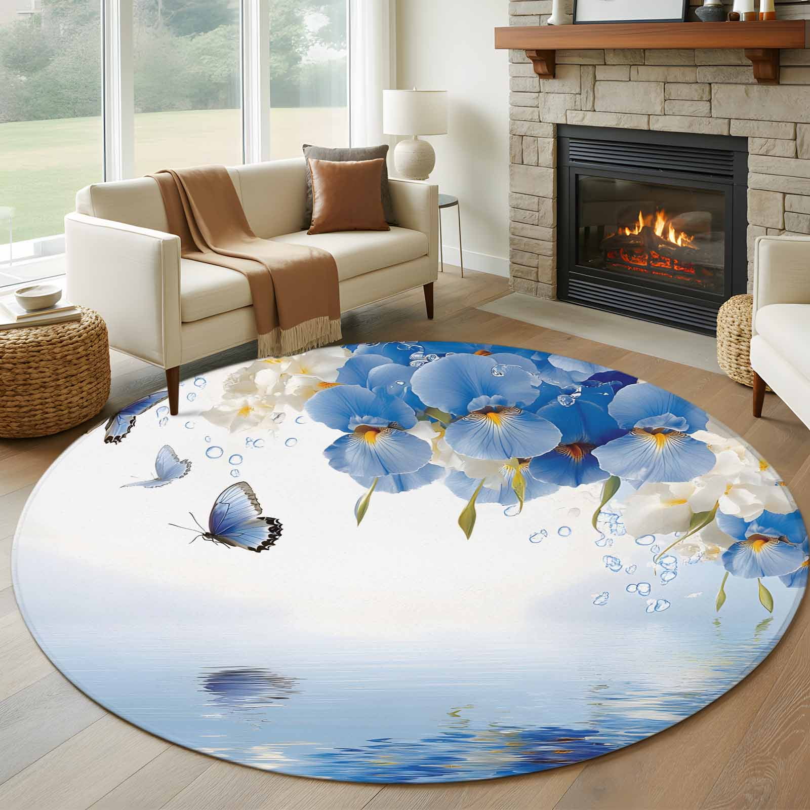 Round Rugs 5Ft, Flower Butterfly Blue Round Area Rug Washable Indoor ...
