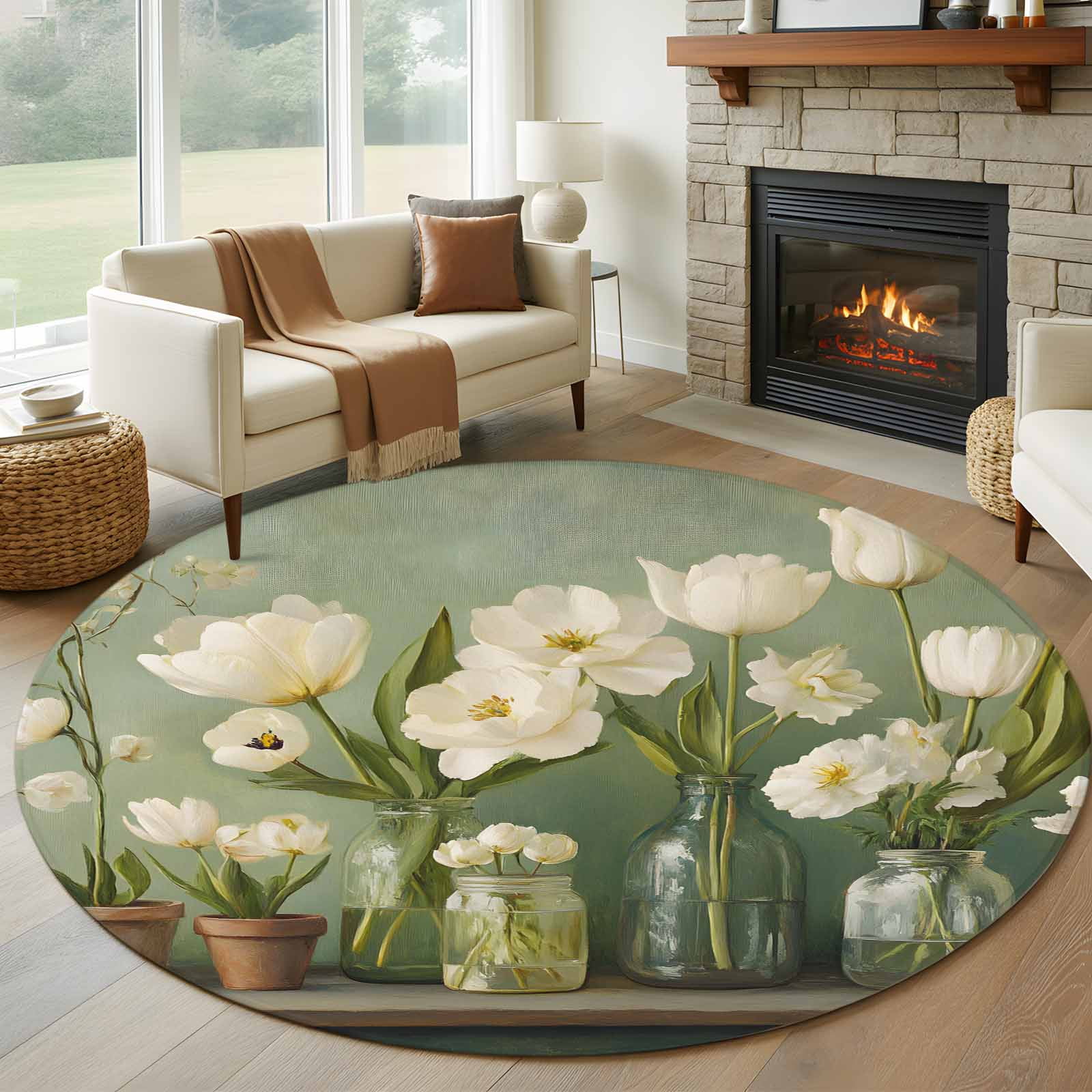 Round Rugs 5Ft, Flower Floral Round Area Rug Washable Indoor Throw ...