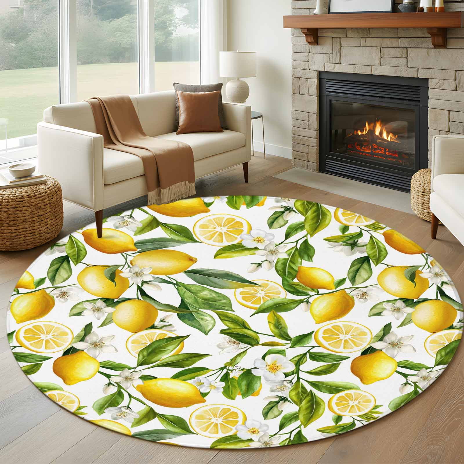 Round Rugs 5Ft, Lemon Yellow Round Area Rug Washable Indoor Throw ...