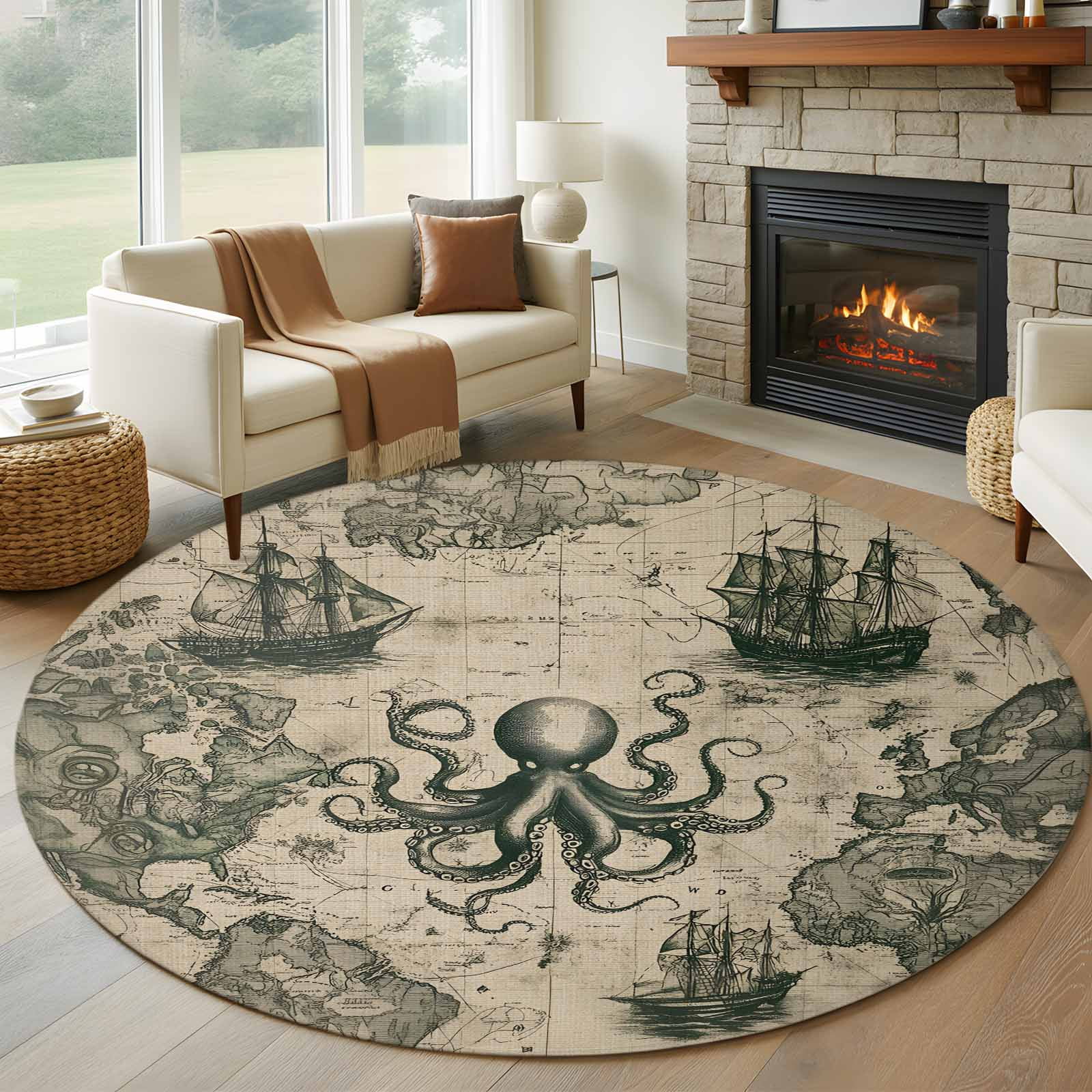 Round Rugs 5Ft, Medieval Octopus Round Area Rug Washable Indoor Throw ...