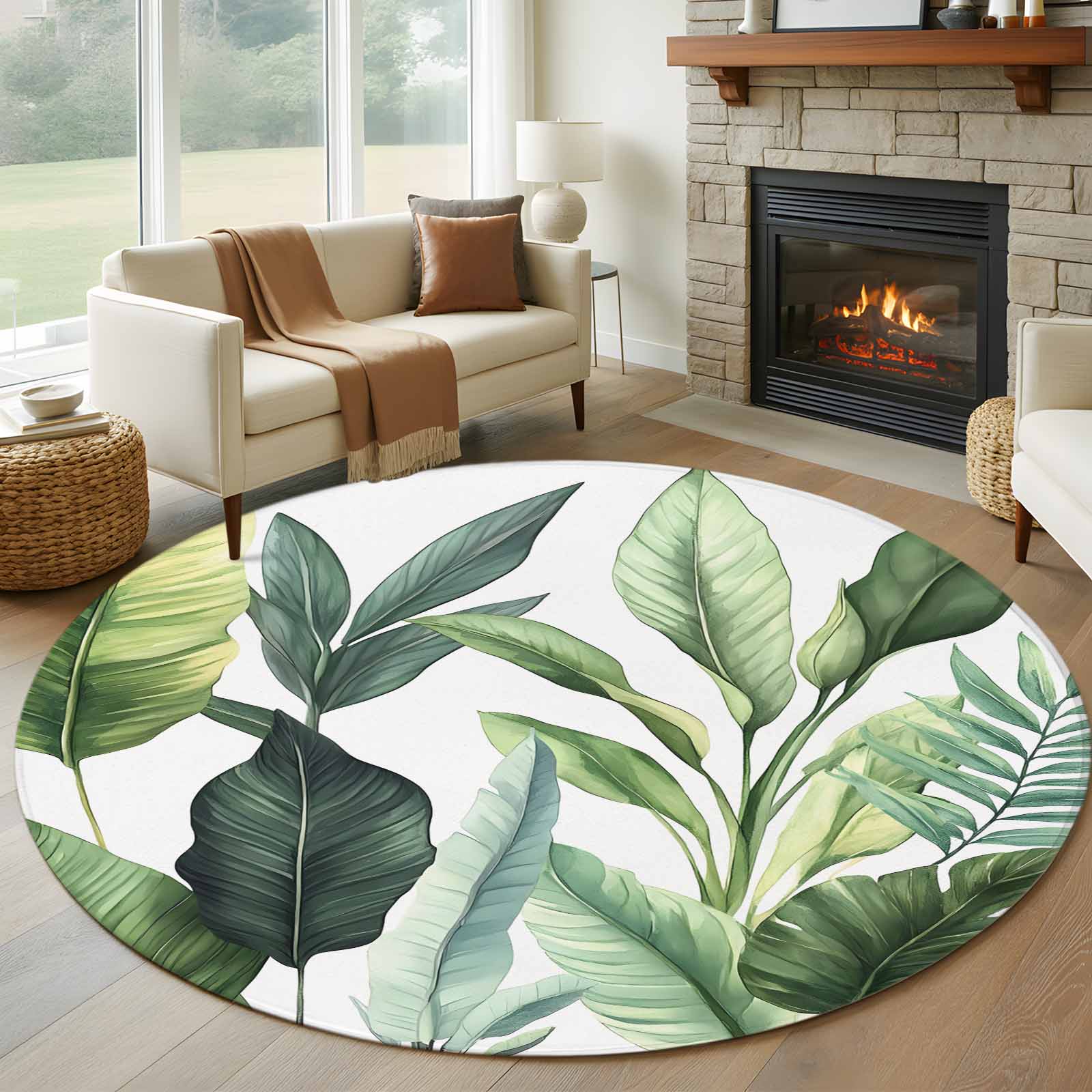 Round Rugs 5Ft, Palm Leaves Round Area Rug Washable Indoor Throw Carpet ...
