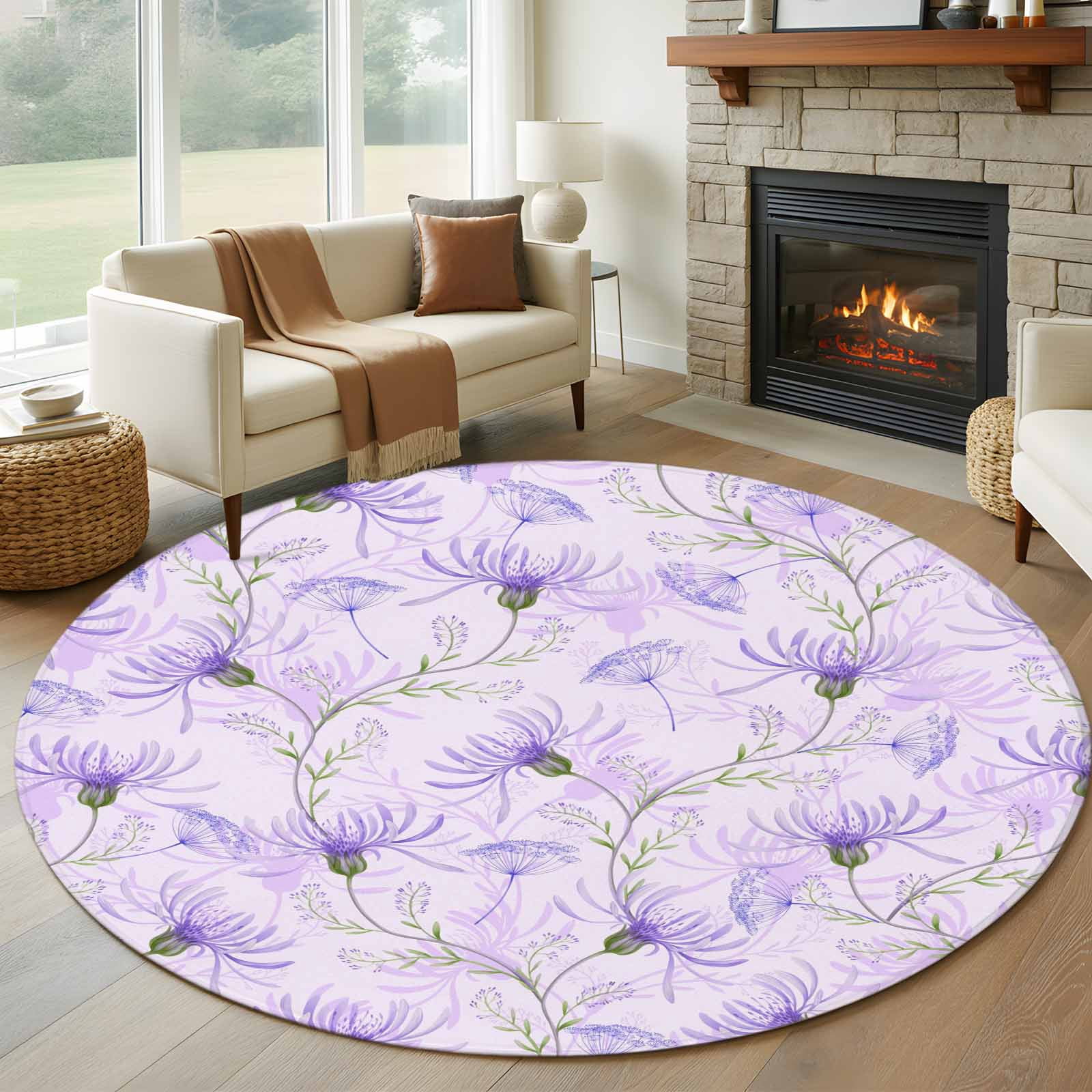 Round Rugs 5Ft, Purple Flowers Round Area Rug Washable Indoor Throw ...