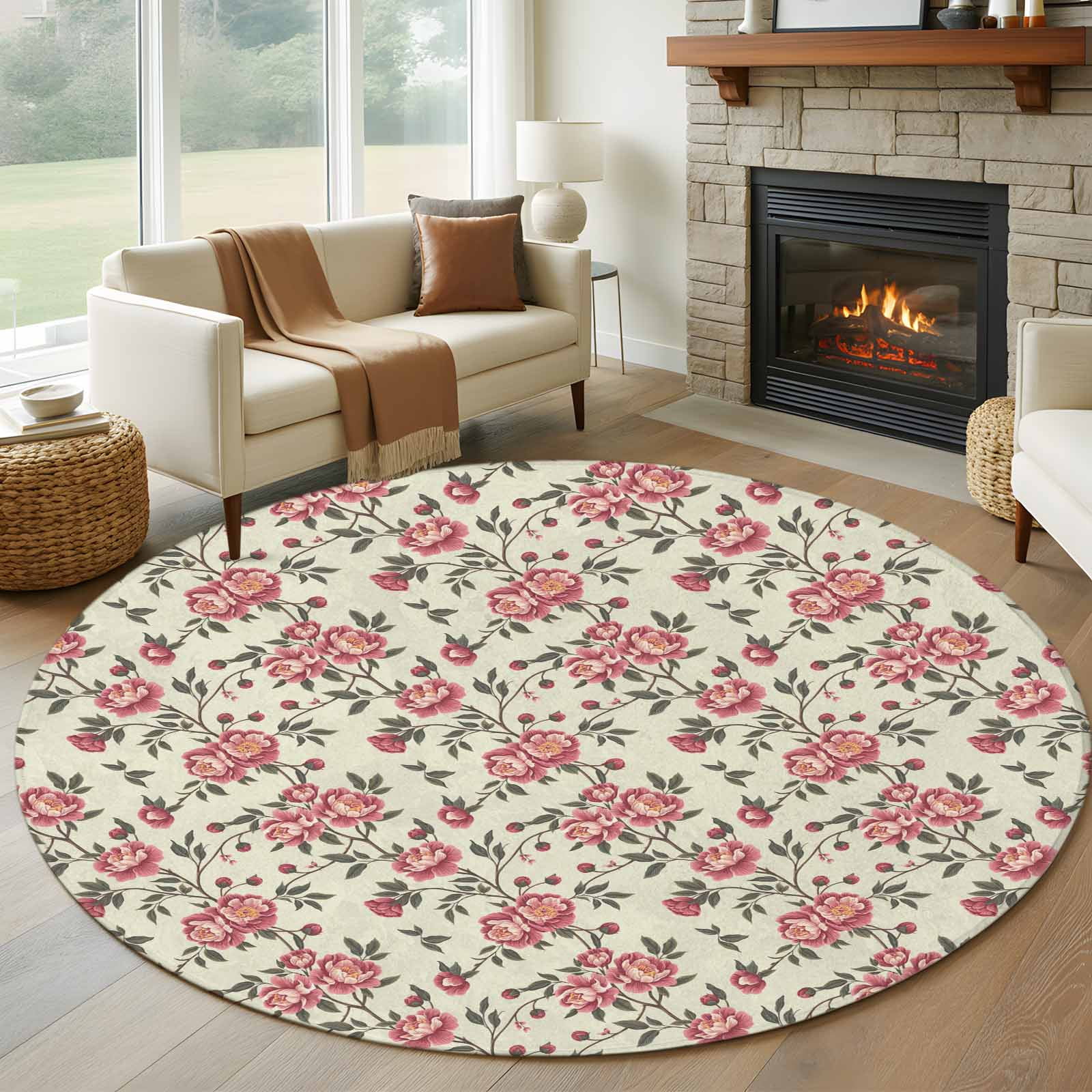 Round Rugs 5Ft, Red Roses Spring Round Area Rug Washable Indoor Throw ...