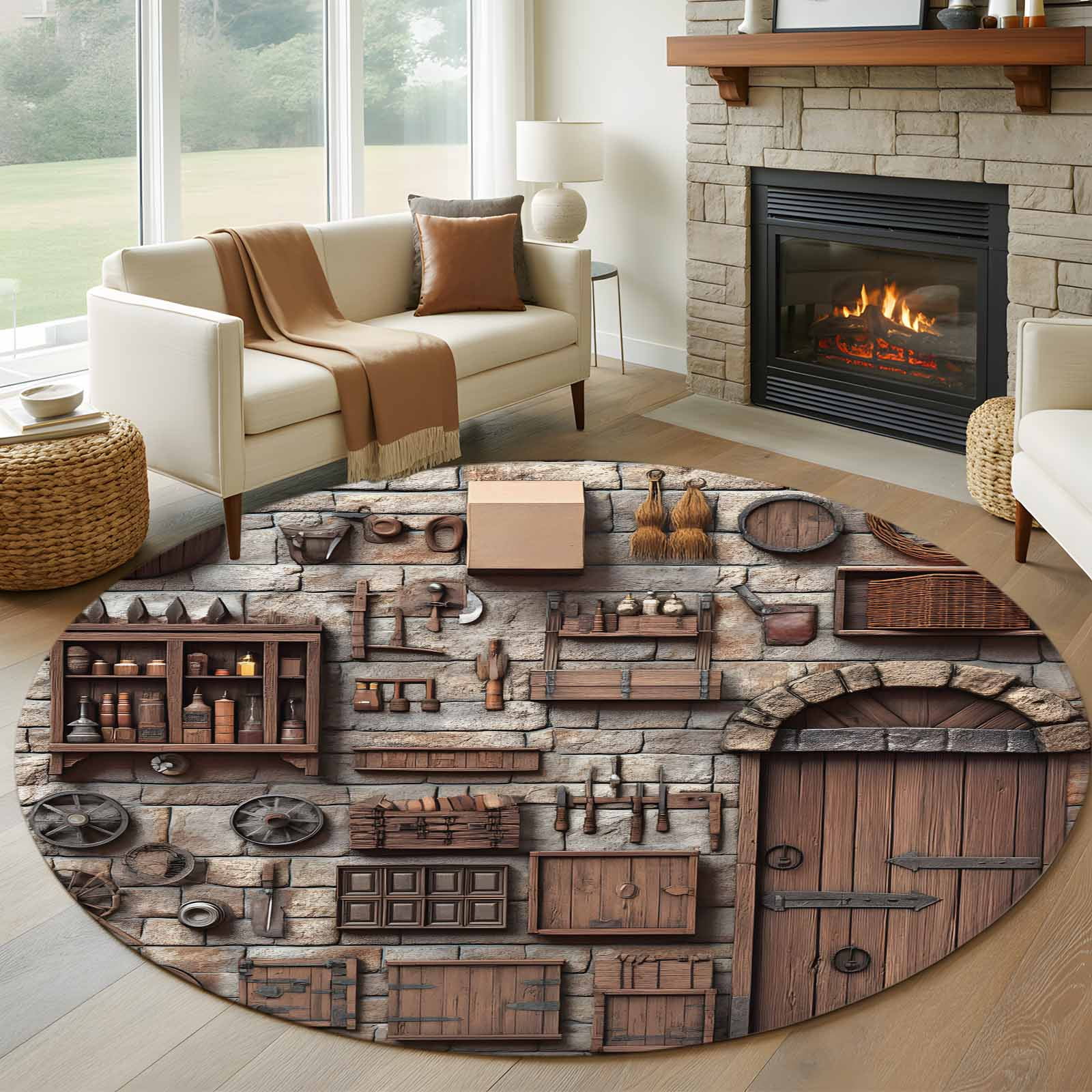 Round Rugs 5Ft, Rustic Antique Round Area Rug Washable Indoor Throw ...
