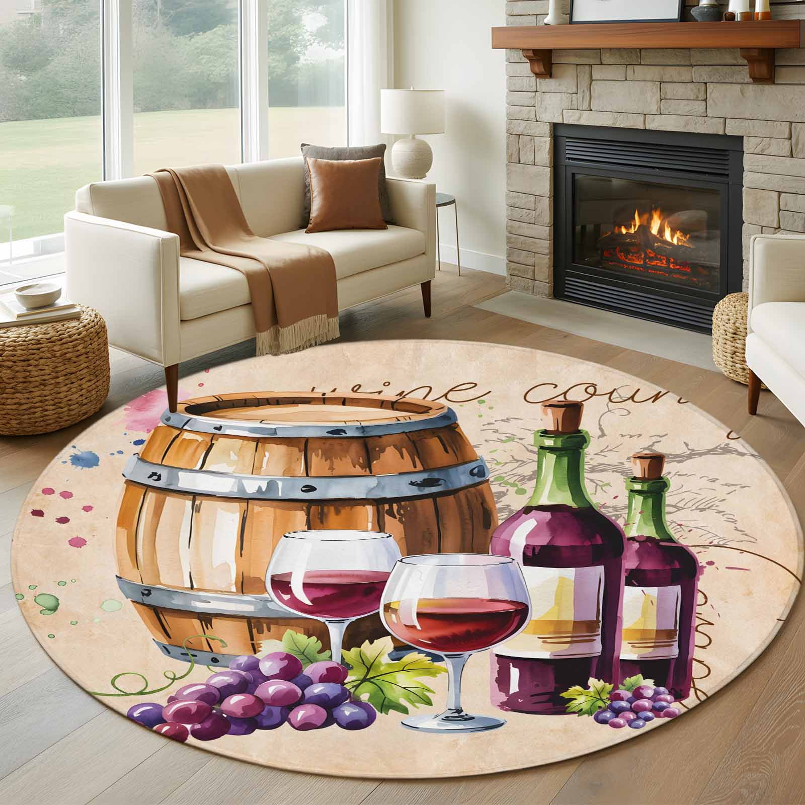 Round Rugs 5Ft, Vintage Watercolor Wine Round Area Rug Washable Indoor ...
