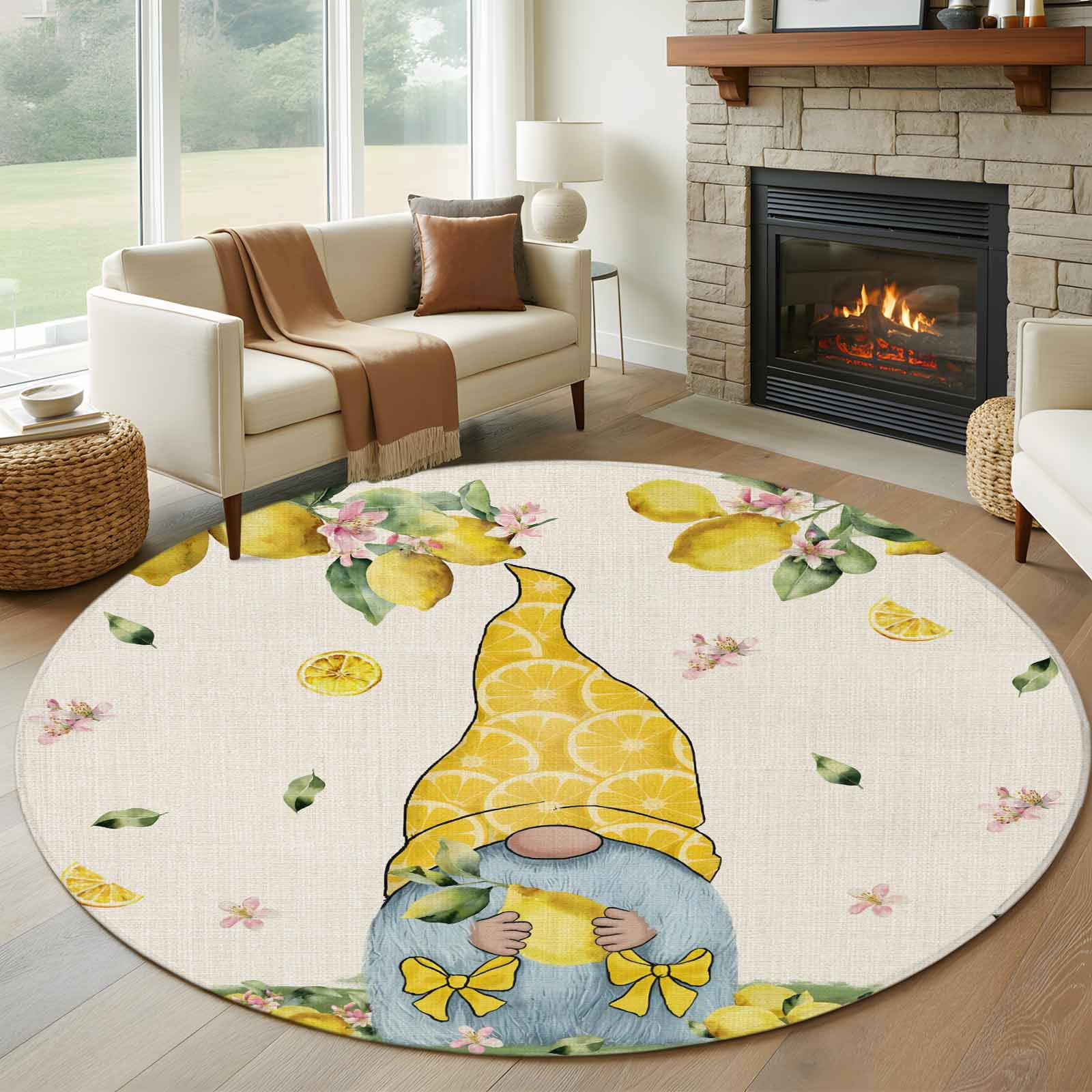Round Rugs 5Ft, Yellow Lemons Round Area Rug Washable Indoor Throw ...