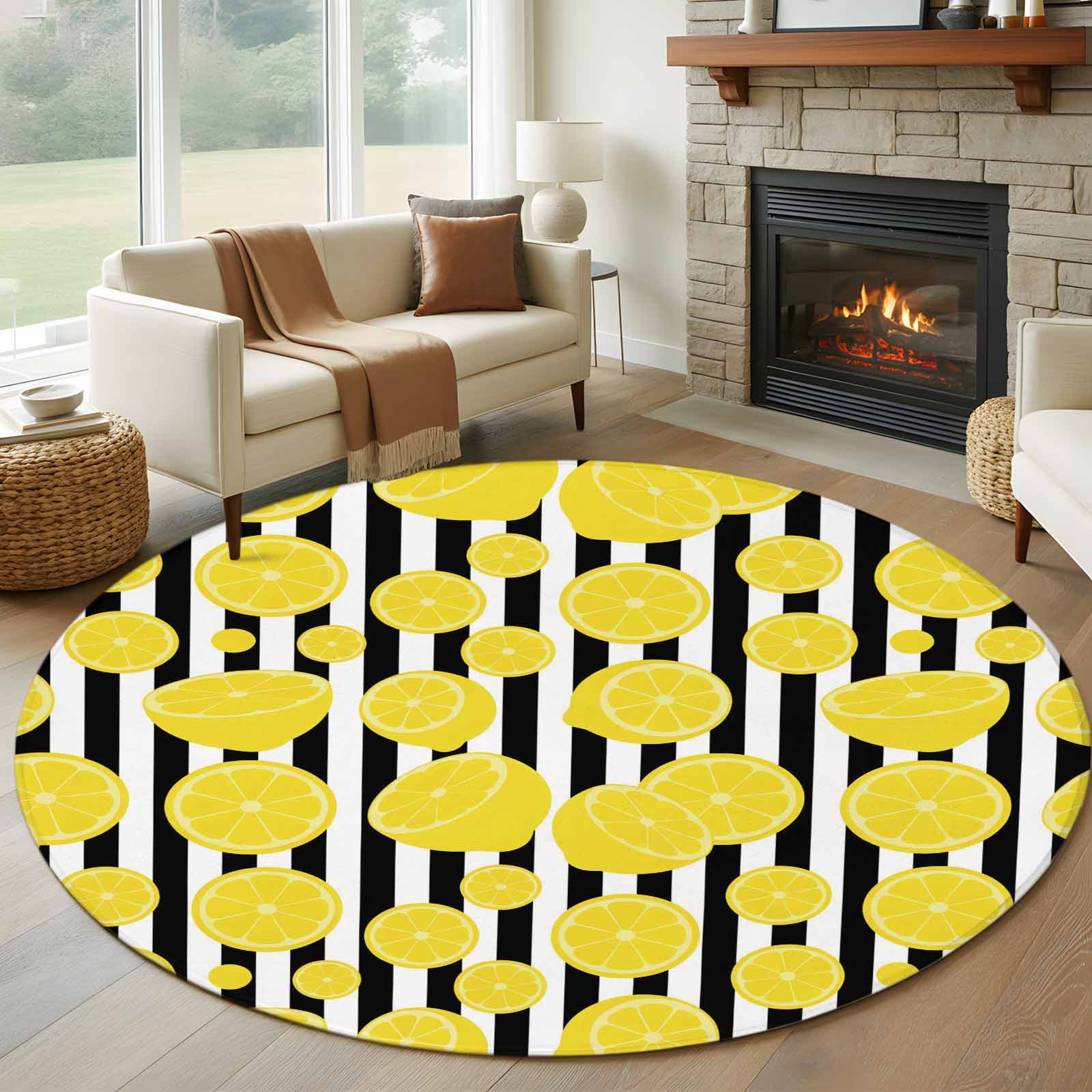 Round Rugs 5Ft, Yellow Summer Lemon Round Area Rug Washable Indoor ...