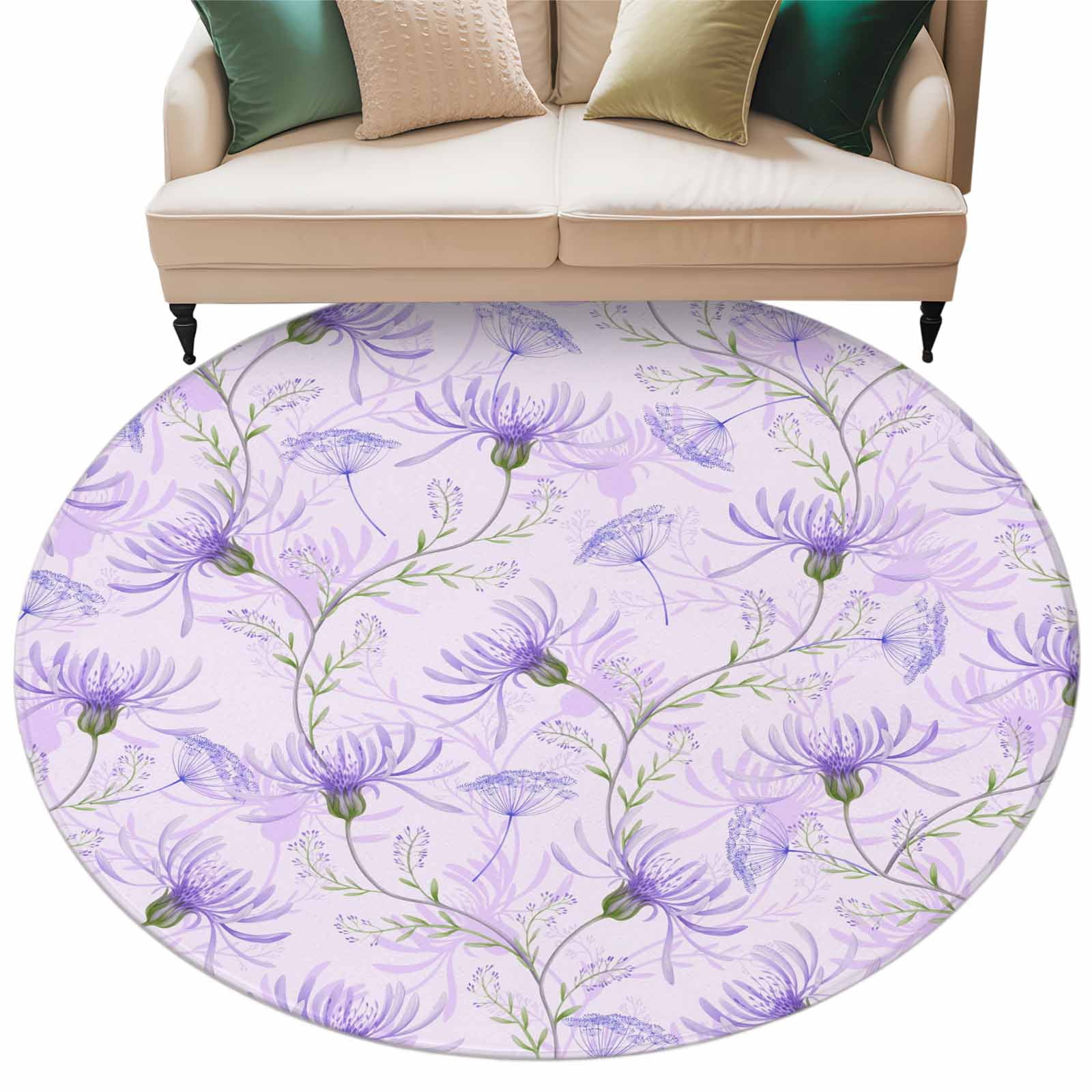 Round Rugs 6 Ft, Purple Flowers Non Slip Area Rugs for Kitchen Bedroom ...