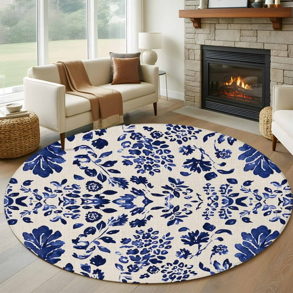Round Rugs 7 Ft, Blue Spring Floral Non Slip Area Rugs for Kitchen ...