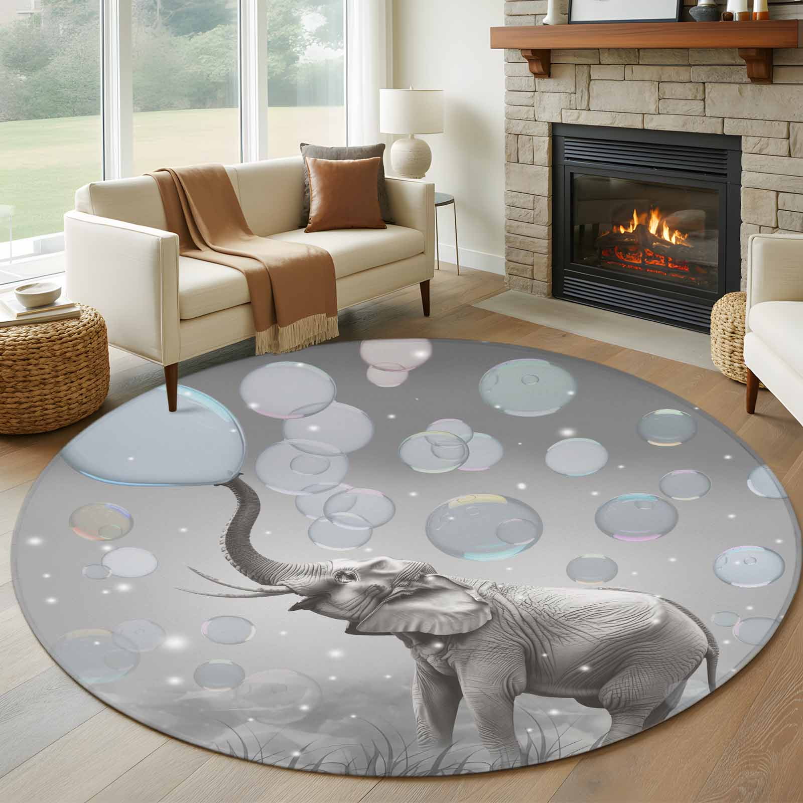 Round Rugs 7 Ft, Gray Elephants Non Slip Area Rugs for Kitchen Bedroom ...