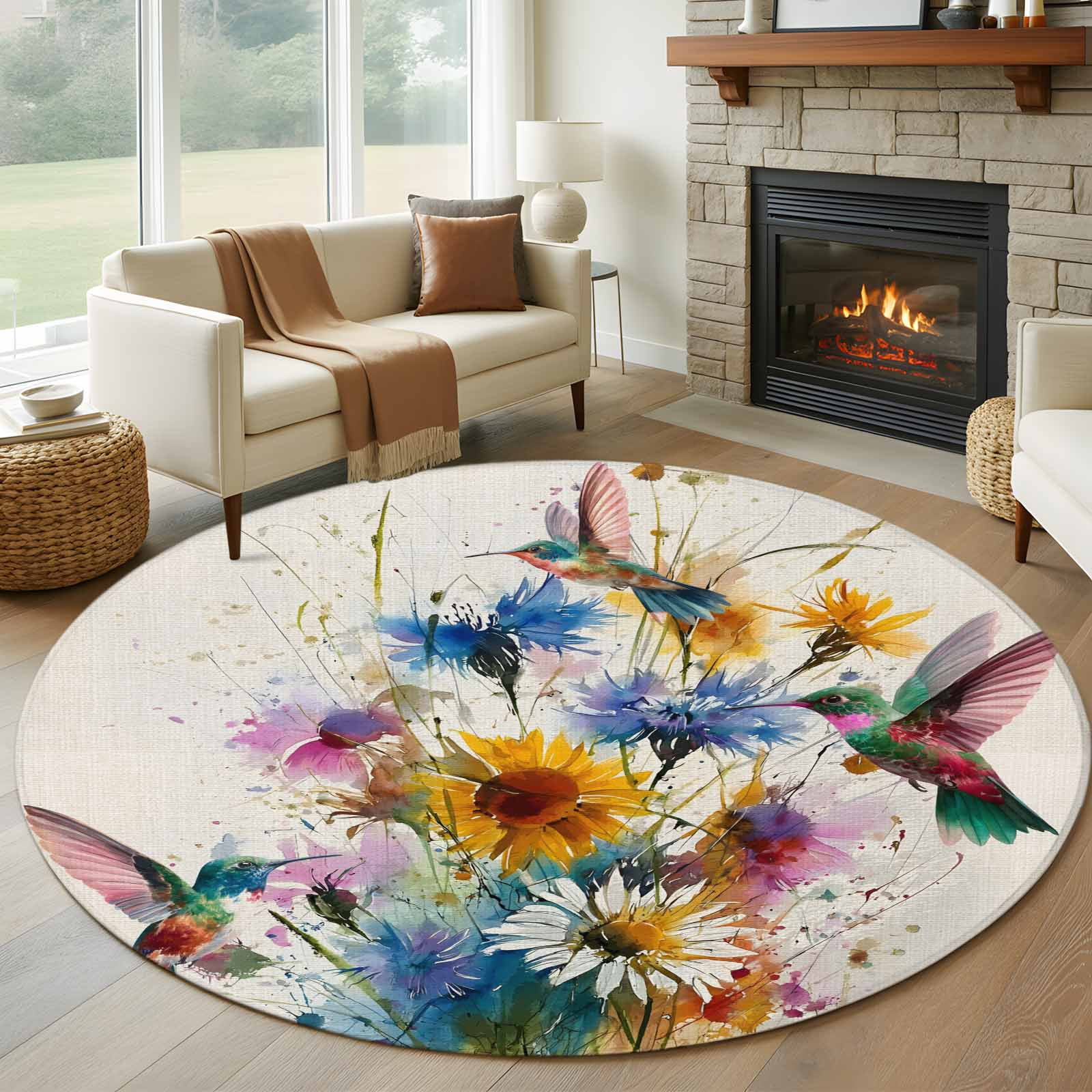 Round Rugs 7 Ft, Hummingbird Non Slip Area Rugs for Kitchen Bedroom ...