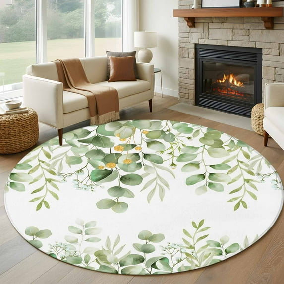 Round Rugs 7 Ft, Sage Green Eucalyptus Leaves Non Slip Area Rugs for ...