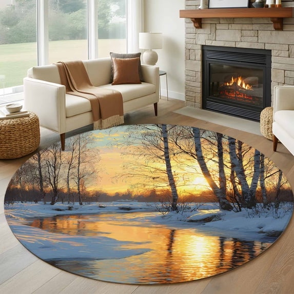 Round Rugs 7 Ft, Winter Sunset Non Slip Area Rugs for Kitchen Bedroom ...
