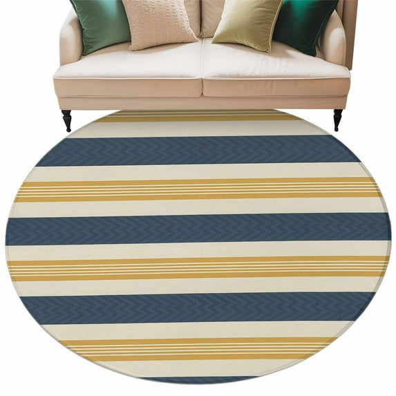 Round Rugs 7 Ft, Yellow Navy Blue Non Slip Area Rugs for Kitchen ...