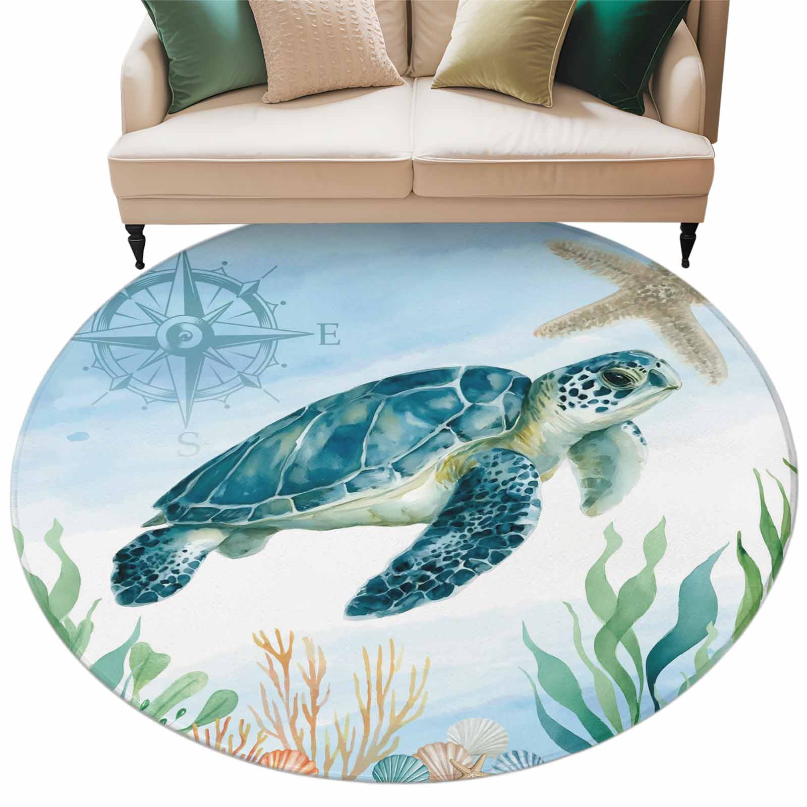 Round Rugs 8 Ft, Sea Turtle Coastal Non Slip Area Rugs for Kitchen ...