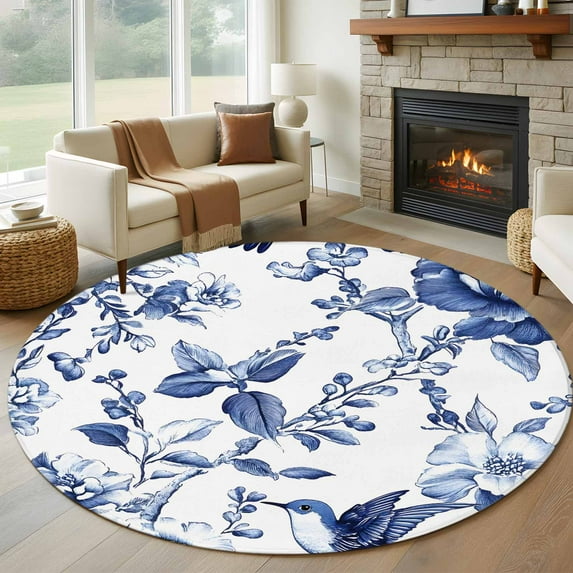 Round Rugs 8 Ft, White Blue Spring Floral Non Slip Area Rugs for ...