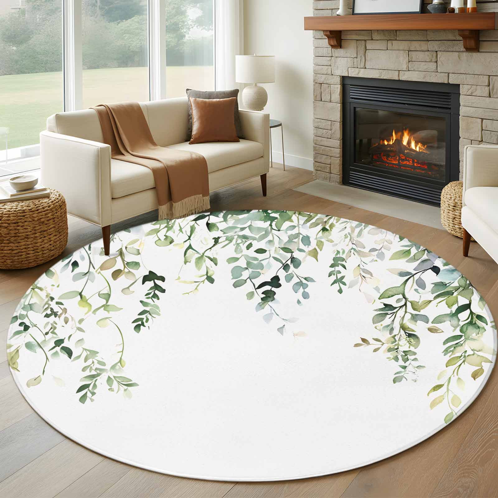 Round Rugs 8Ft, Eucalyptus Leaves Round Area Rug Washable Indoor Throw ...