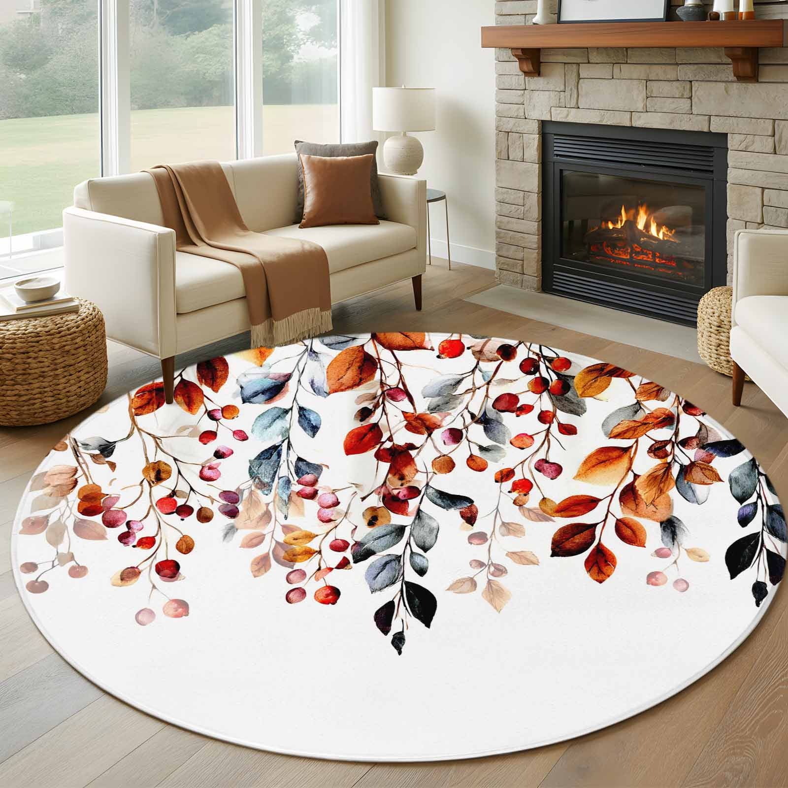 Round Rugs 8Ft, Eucalyptus Leaves Round Area Rug Washable Indoor Throw ...