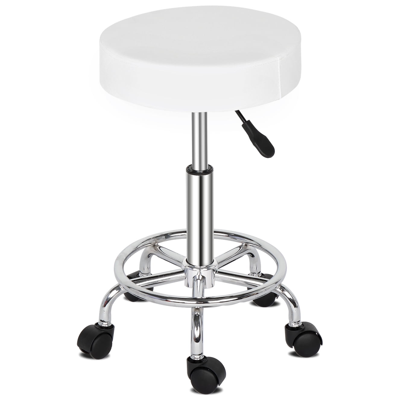 Round Salon Stool with Wheels, PU Leather Hair Chair with 360° Rotation ...