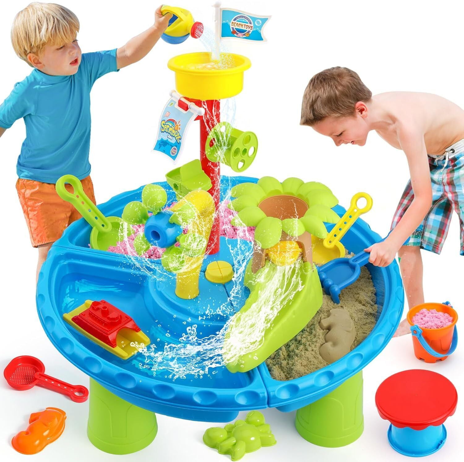 Round Sand Water Play Table Tower Bucket Watering Boat Shovel Summer ...