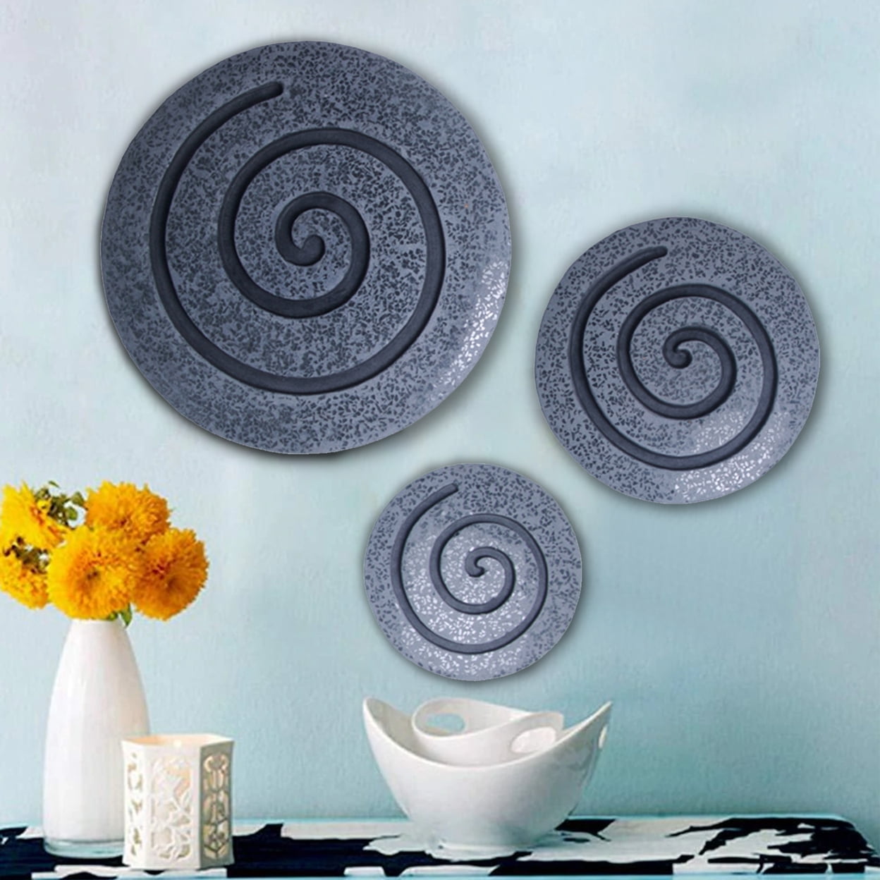 Round Sandstone and Glass Wall Decor with Spiral Design, Large, Gray ...