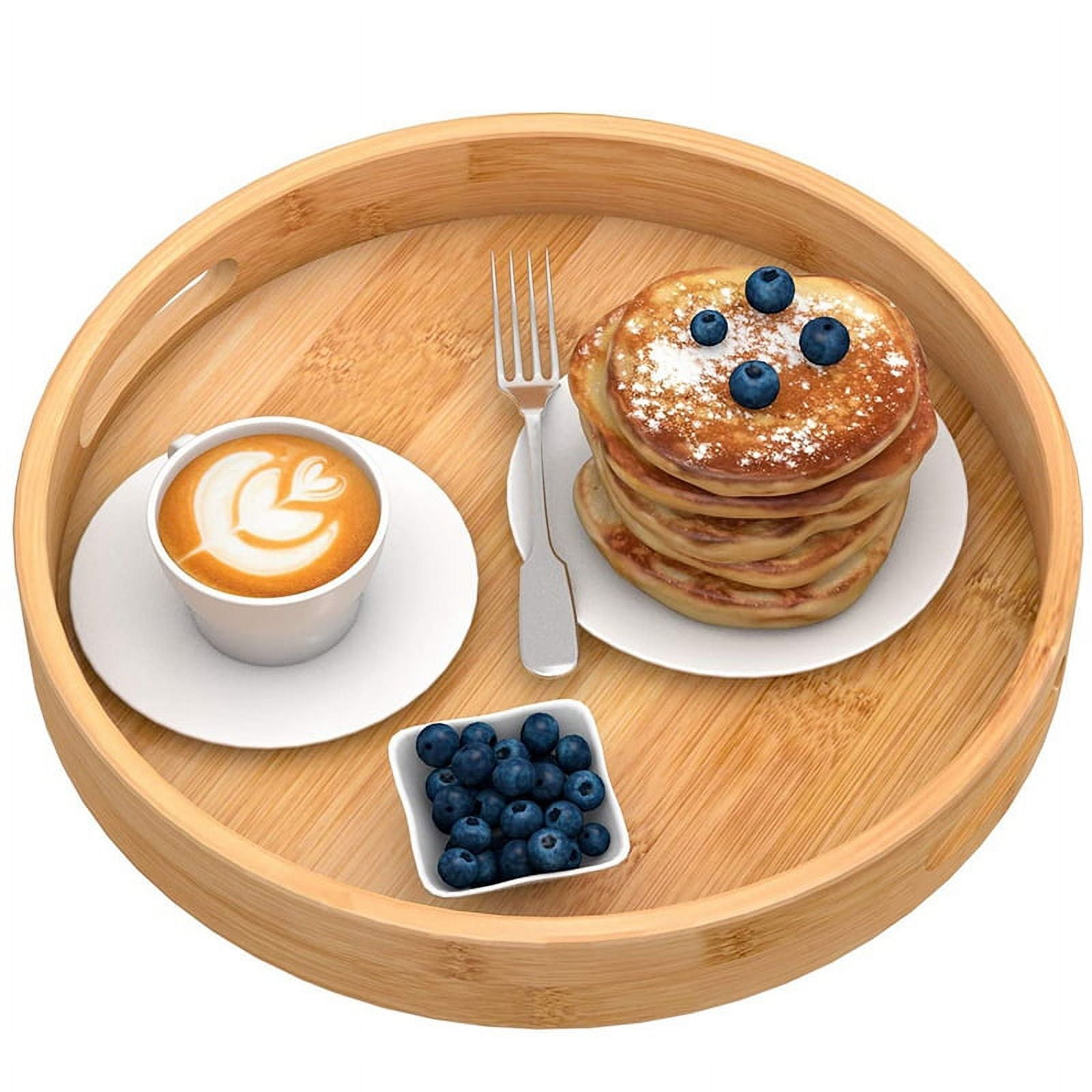 Round Serving Tray with Handles - Wooden Bamboo Circle for Coffee Table ...