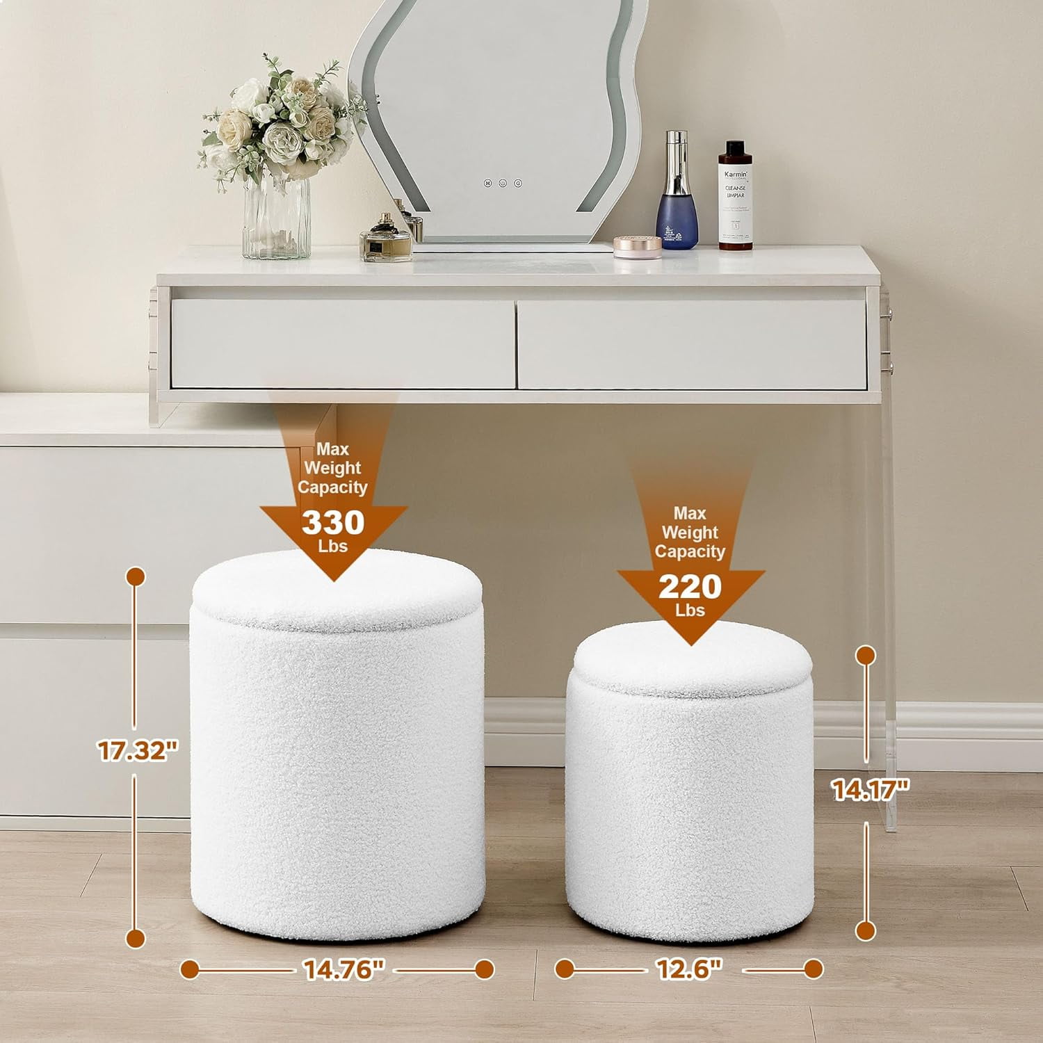 Round Set of 2 Ottoman with Storage, Boucle Storage Ottoman Foot Stool ...