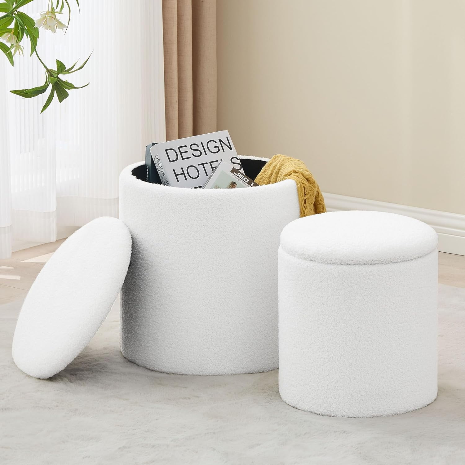 Round Set of 2 Ottoman with Storage, Boucle Storage Ottoman Foot Stool ...