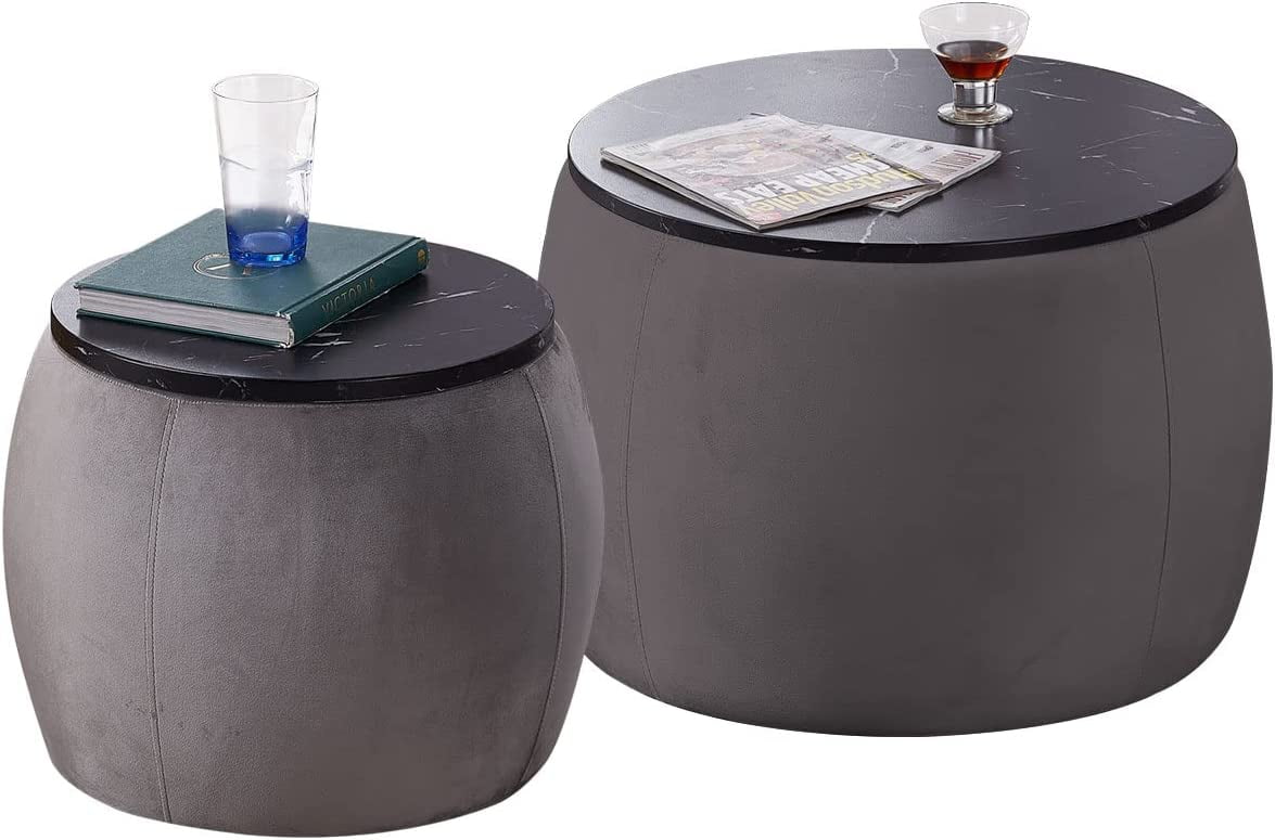 Round Set of 2 Ottoman Storage Reversible Wooden Lid Foot Stool End ...