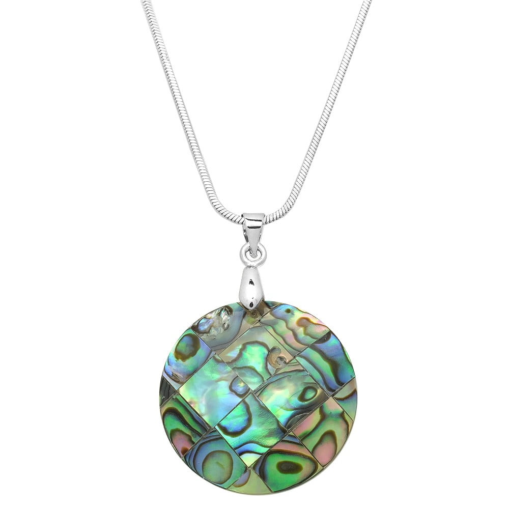 Round Shape Abalone Shell Pendant Necklace Rhodium Plated 17 Inch Snake ...