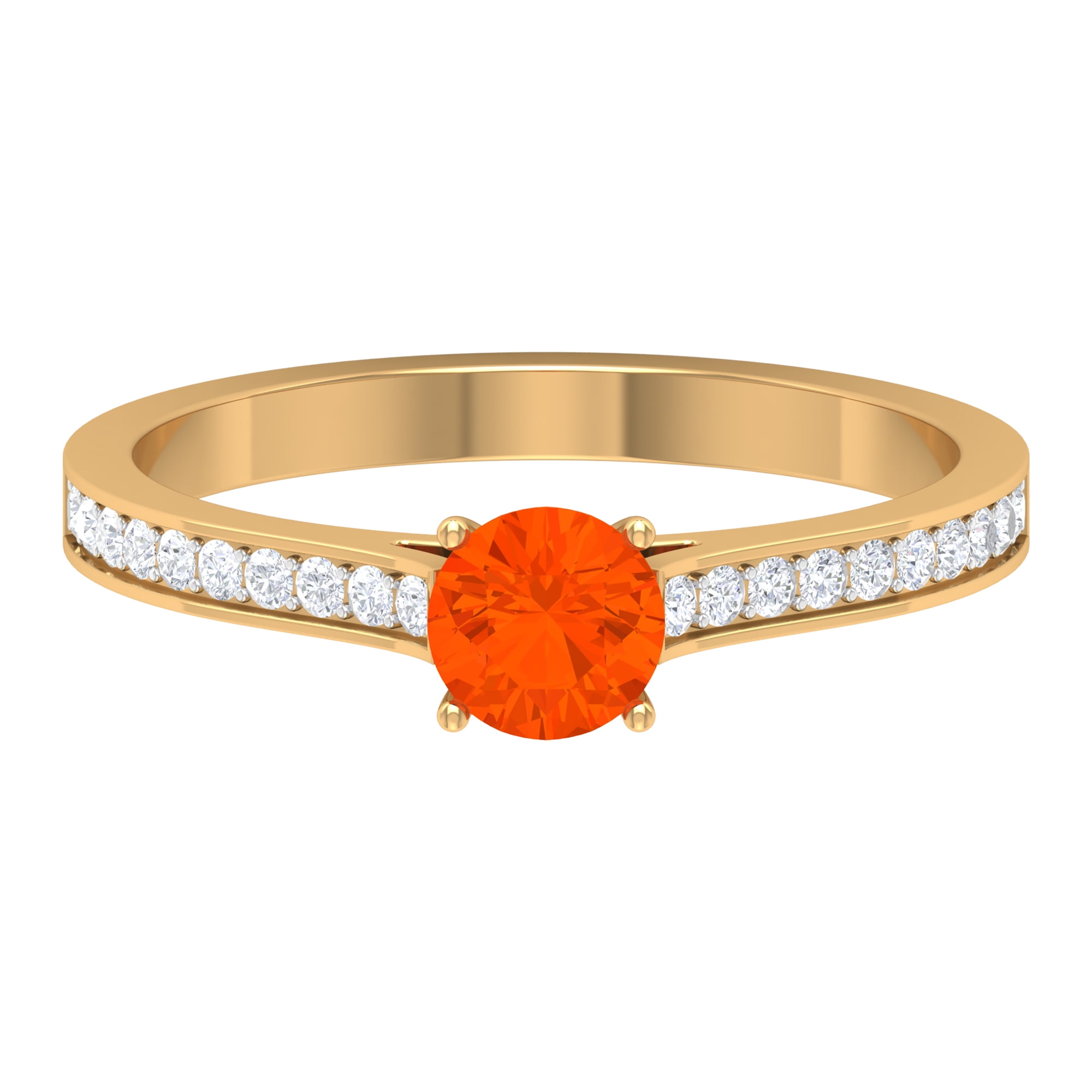 Round Shape Fire Opal Ring with Diamond, Fire Opal Solitaire Ring for ...