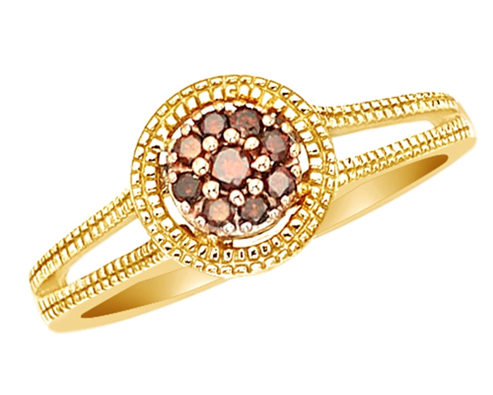 Round Shape Red Natural Diamond Cluster Engagement Ring In 14K Yellow ...